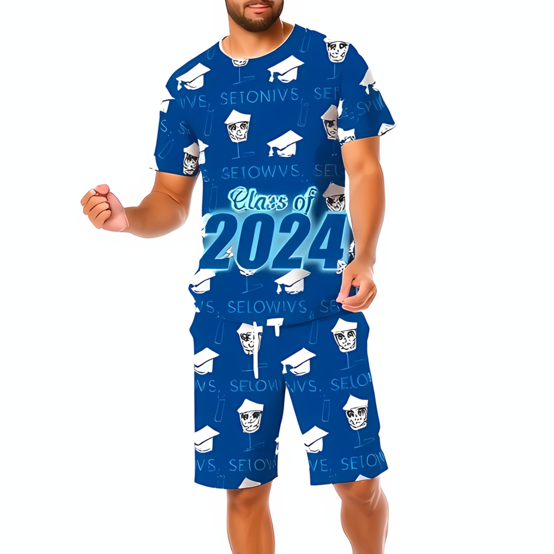 Vibrant Blue Graduation Pajama Set for Men - Short Sleeve Shirt ...