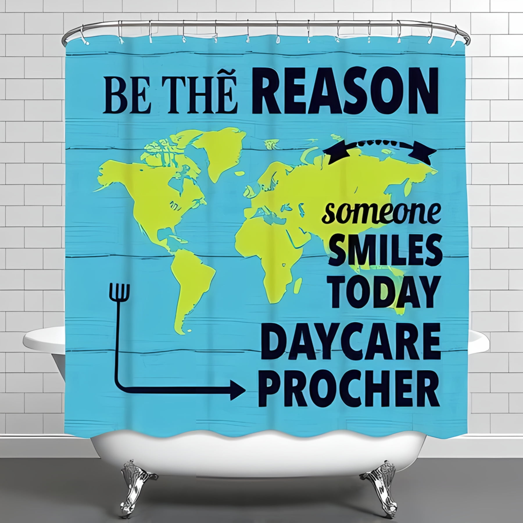 Vibrant Blue & Green World Map Shower Curtain with Positive Message for ...