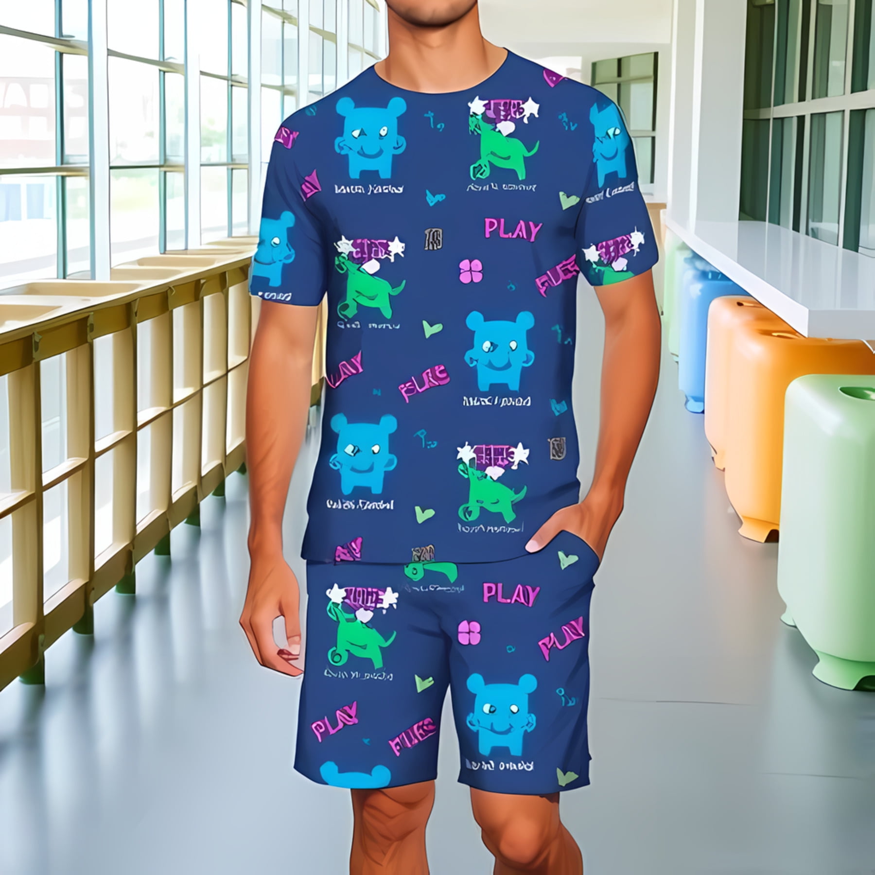 Vibrant Blue Pajama Set for Men - Cartoon & Print with 'PLAY' Text ...