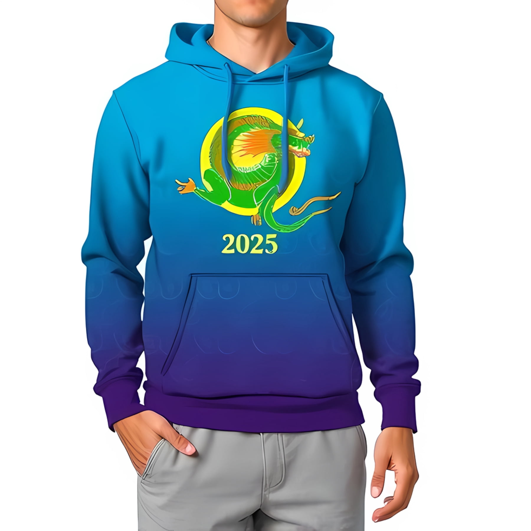Vibrant Blue & Purple 3D Hoodie with Green Dragon & Yellow Sun Design ...