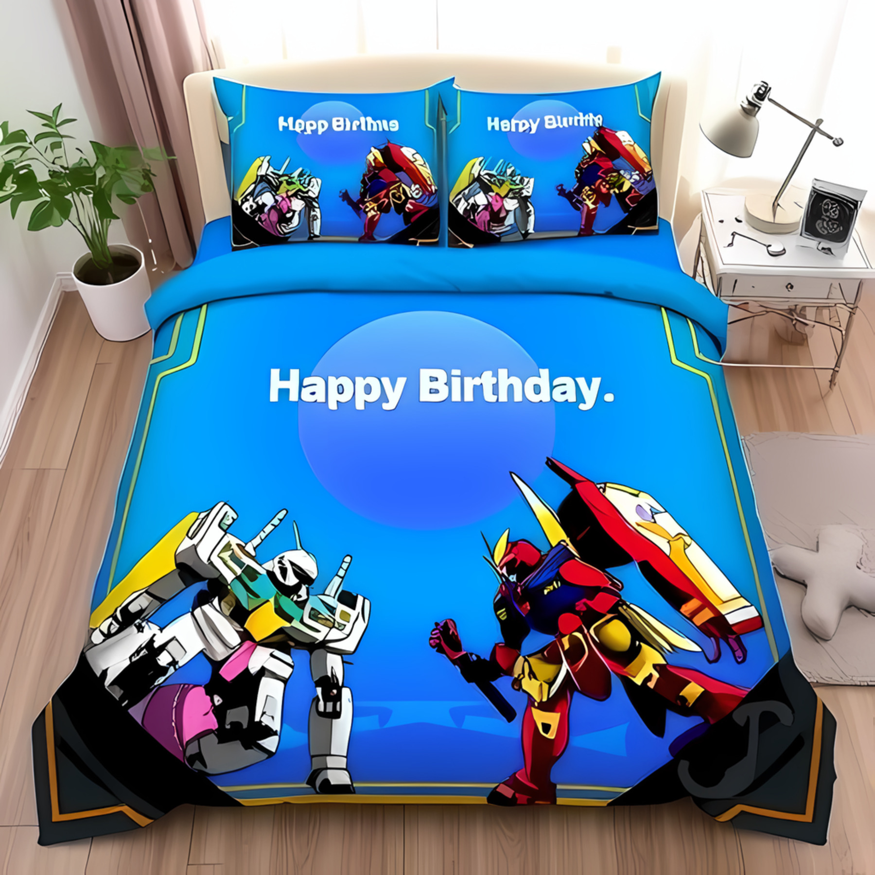 Vibrant Blue Robot Bedding Set Happy Birthday Design with Decorative ...