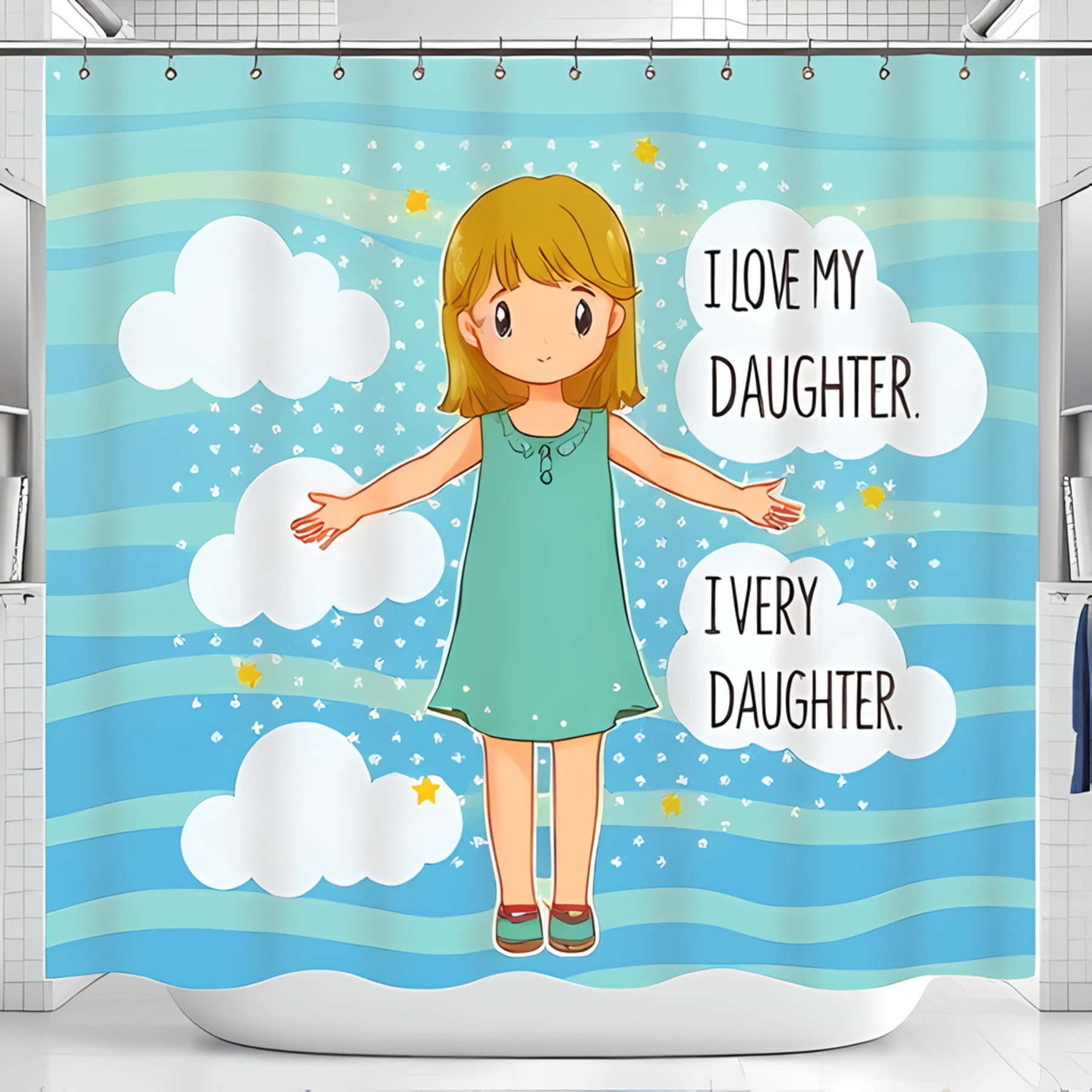 Vibrant Blue Shower Curtain with Whimsical Young Girl Illustration ...