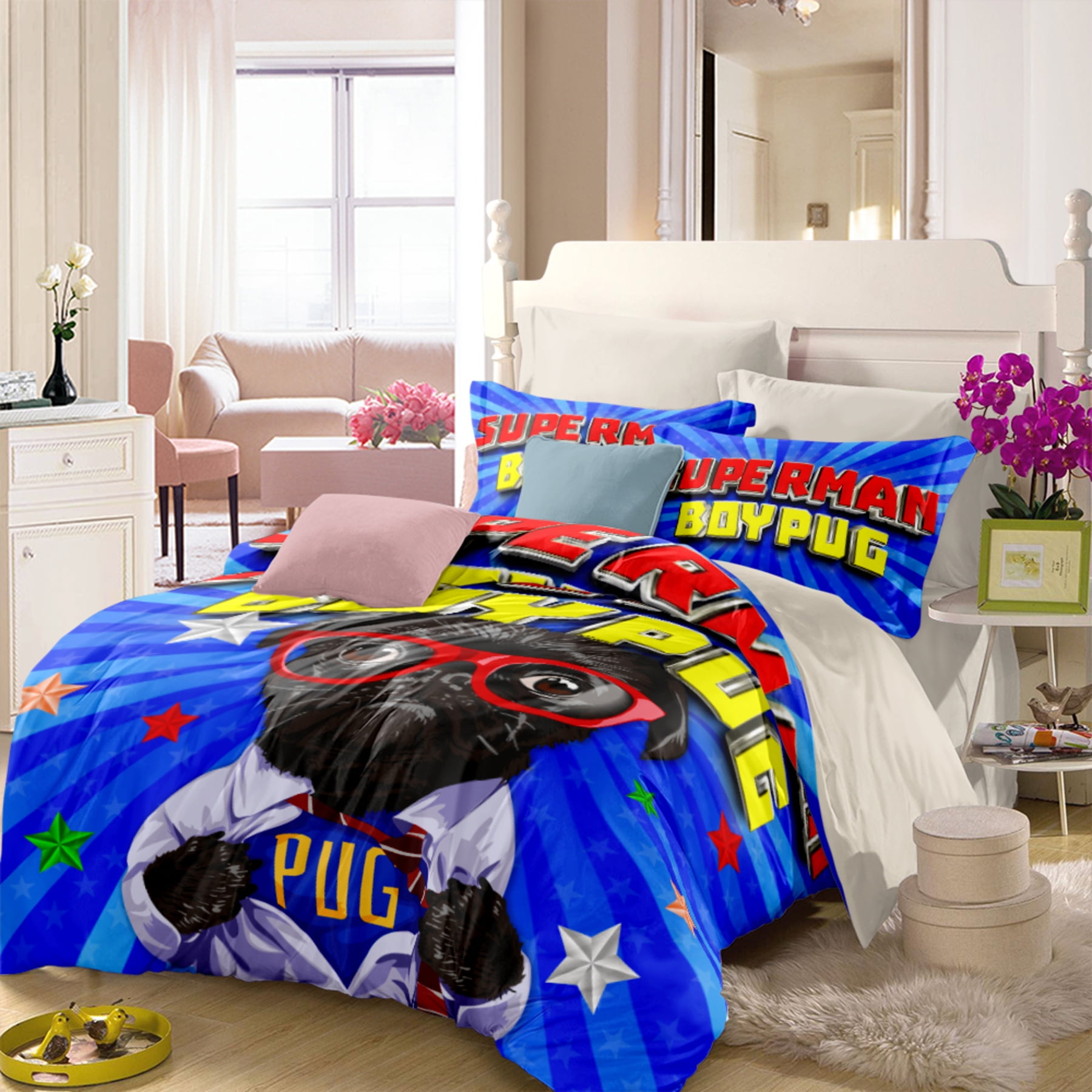 Vibrant Blue Super Boy Pug Duvet Cover Set Cartoon Pug with Glasses ...