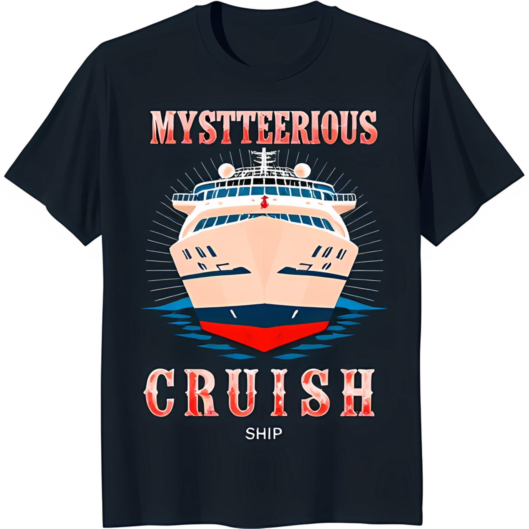 Vibrant Blue T-Shirt with Cruise Ship Design & 'MYSTTEERIOUS CRUISH ...
