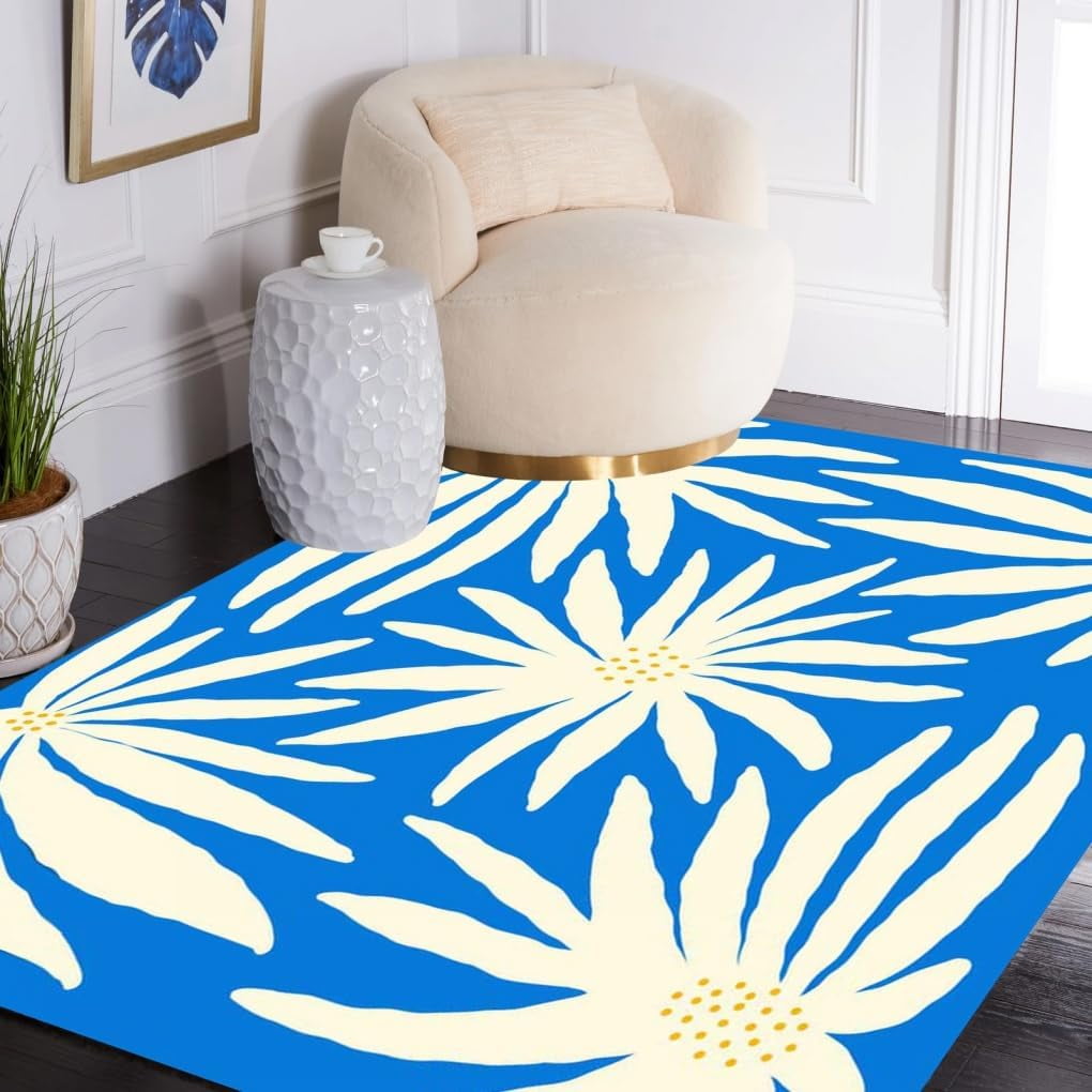 Vibrant Blue White Floral Print 70s Rug For Livingroom Bedroom Playroom ...