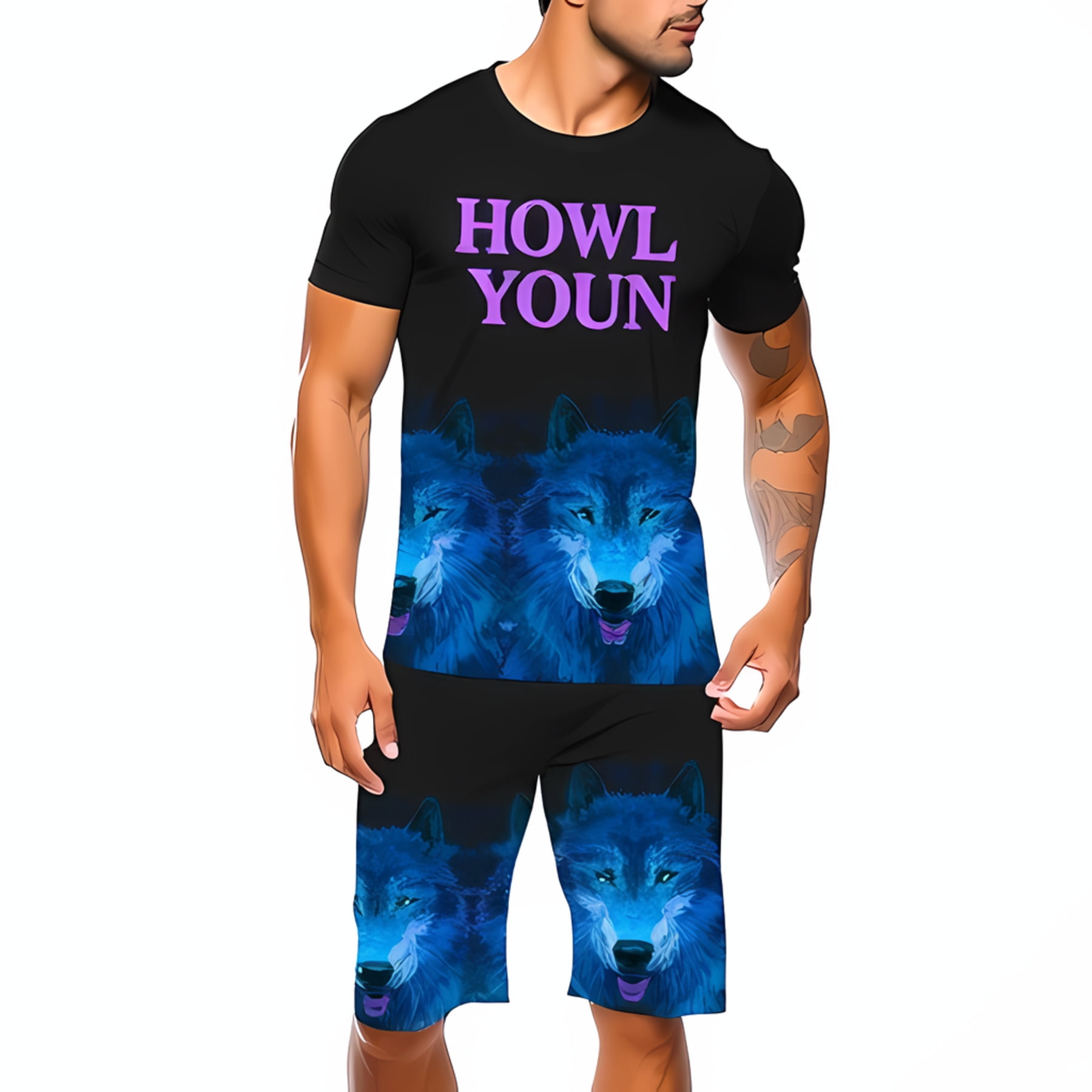 Vibrant Blue Wolf Print T-Shirt and Shorts Set - HOWL YOUN Graphic ...