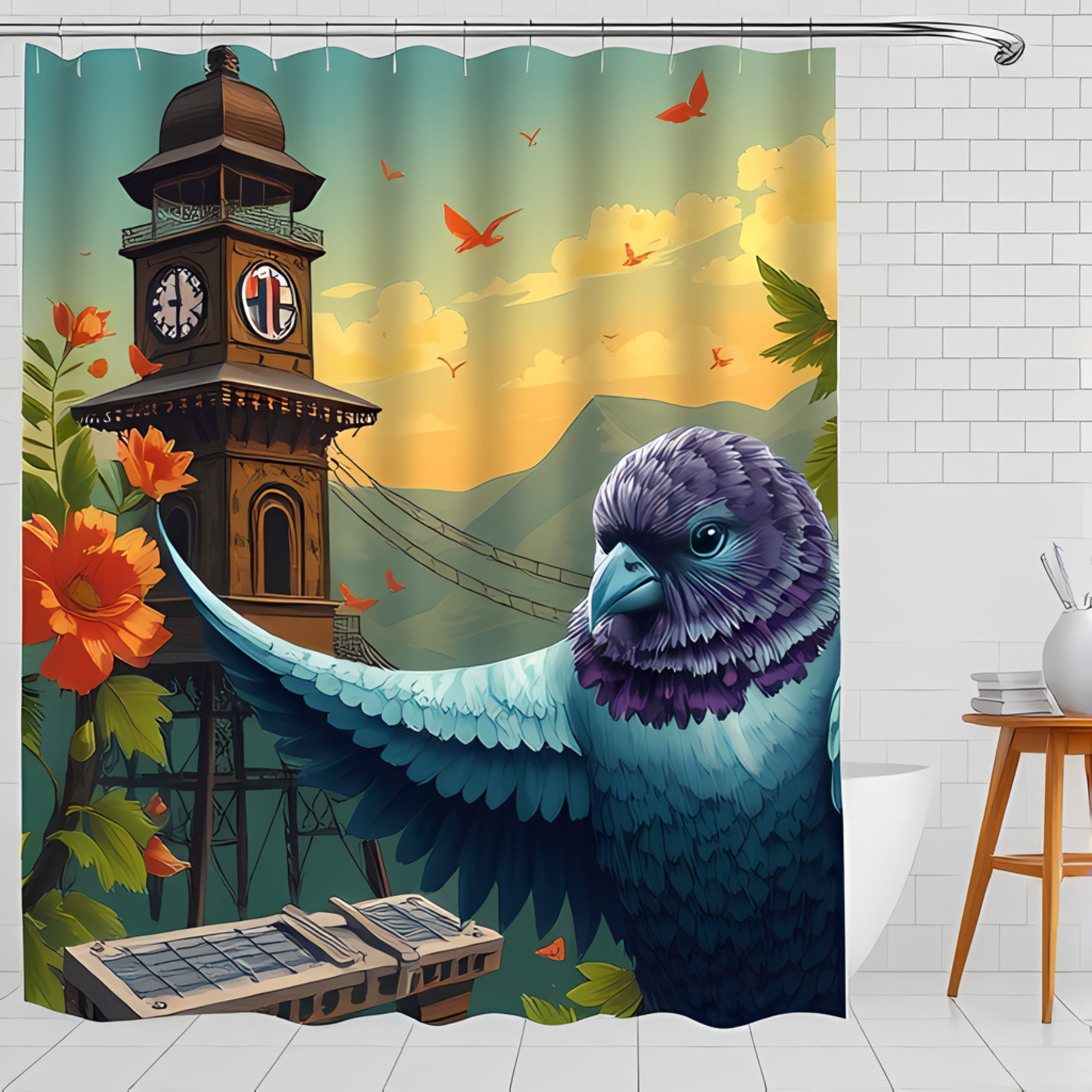 Vibrant Blue and Purple Bird Shower Curtain - Whimsical Nature Design ...