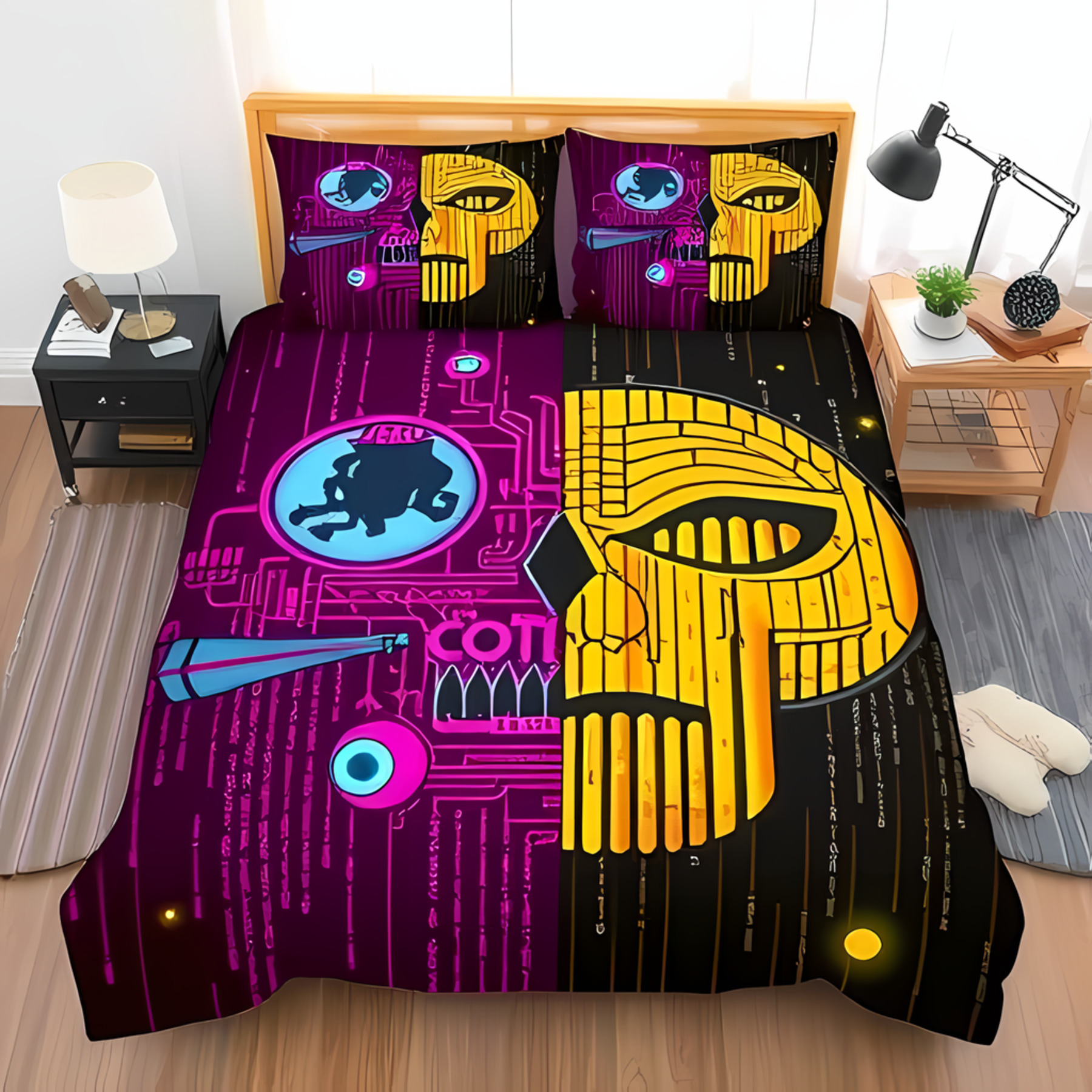 Vibrant Board & Gold Mask Graphic Bedding Set Futuristic Design for ...