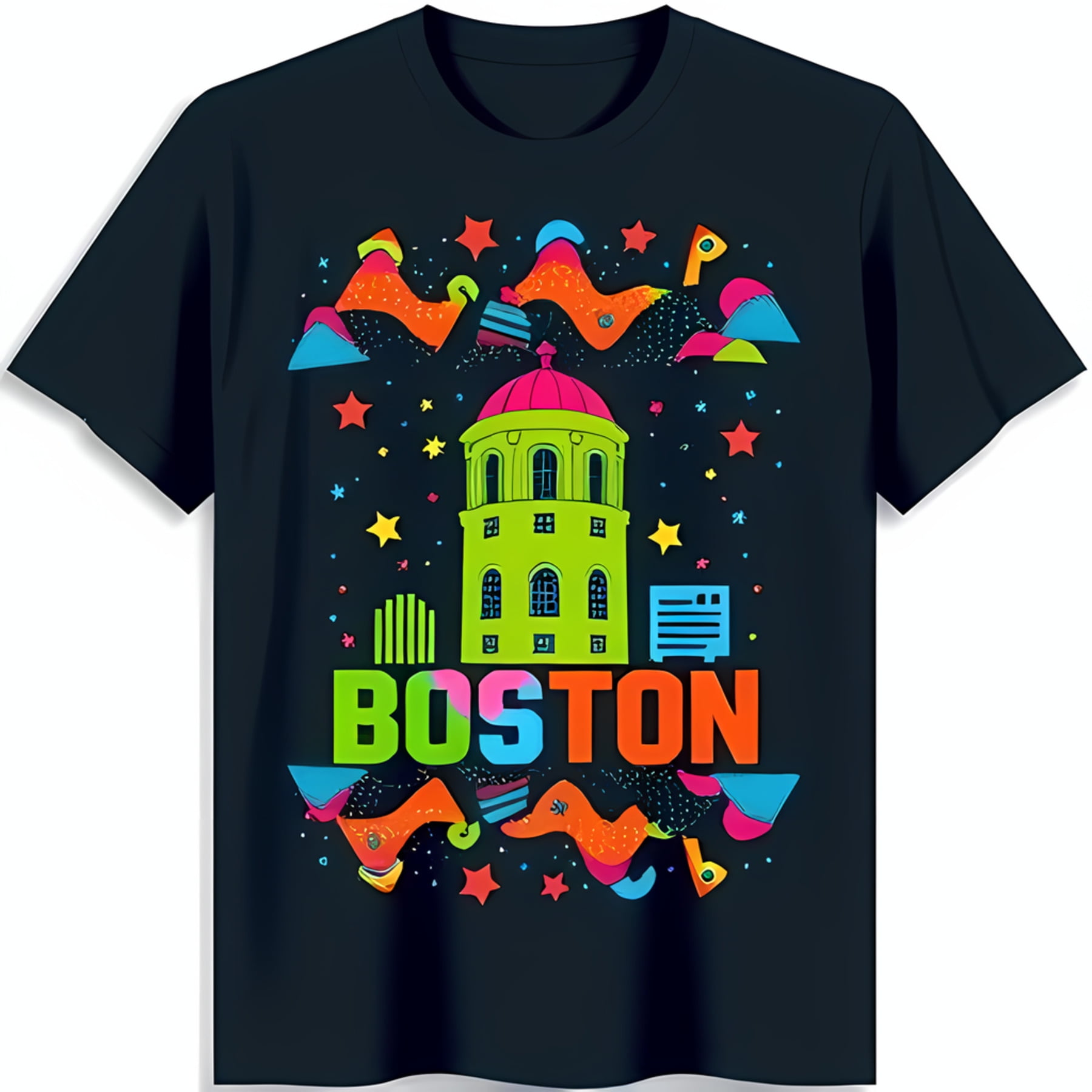 Vibrant Boston State House Cartoon T-Shirt Colorful Design with Stars ...