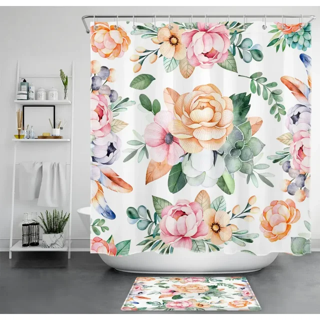 Vibrant Botanical Bliss Green Leaf And Floral Shower Curtain Set For