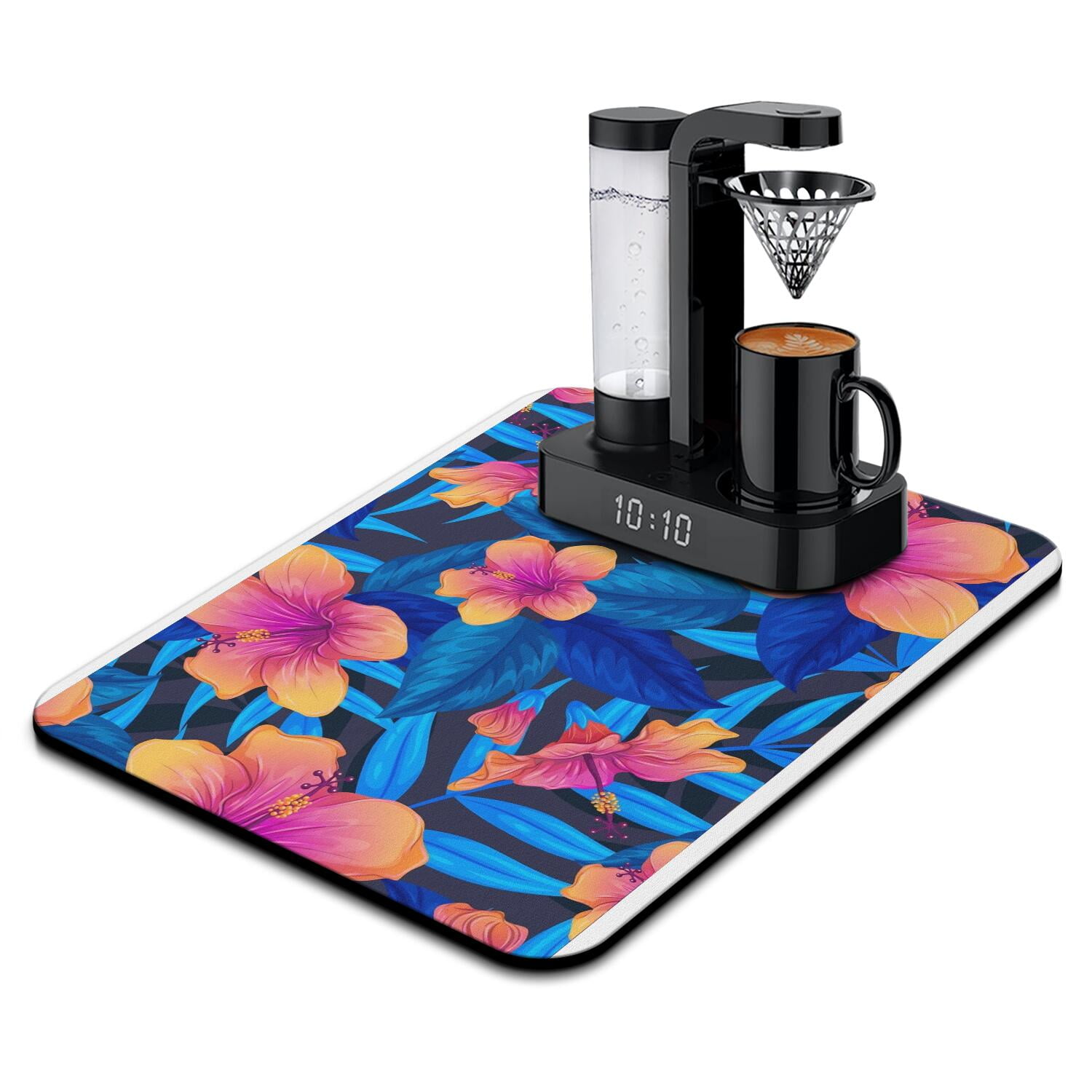 Vibrant Botanical Coffee Bar Mat, Tropical Flower Design Diatom Mud ...