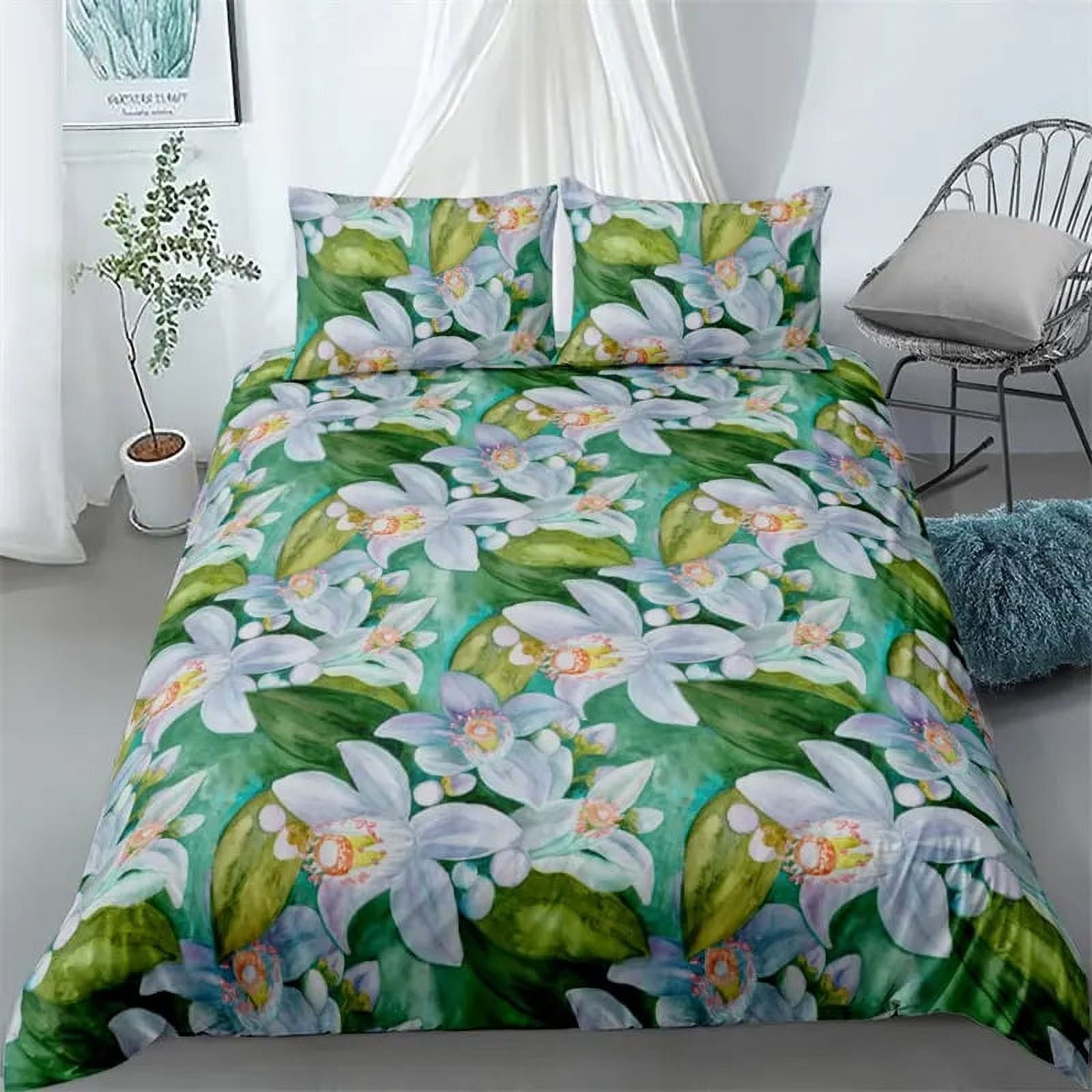 Vibrant Botanical Floral Duvet Cover Twin Size Lotus Flower Leaves ...
