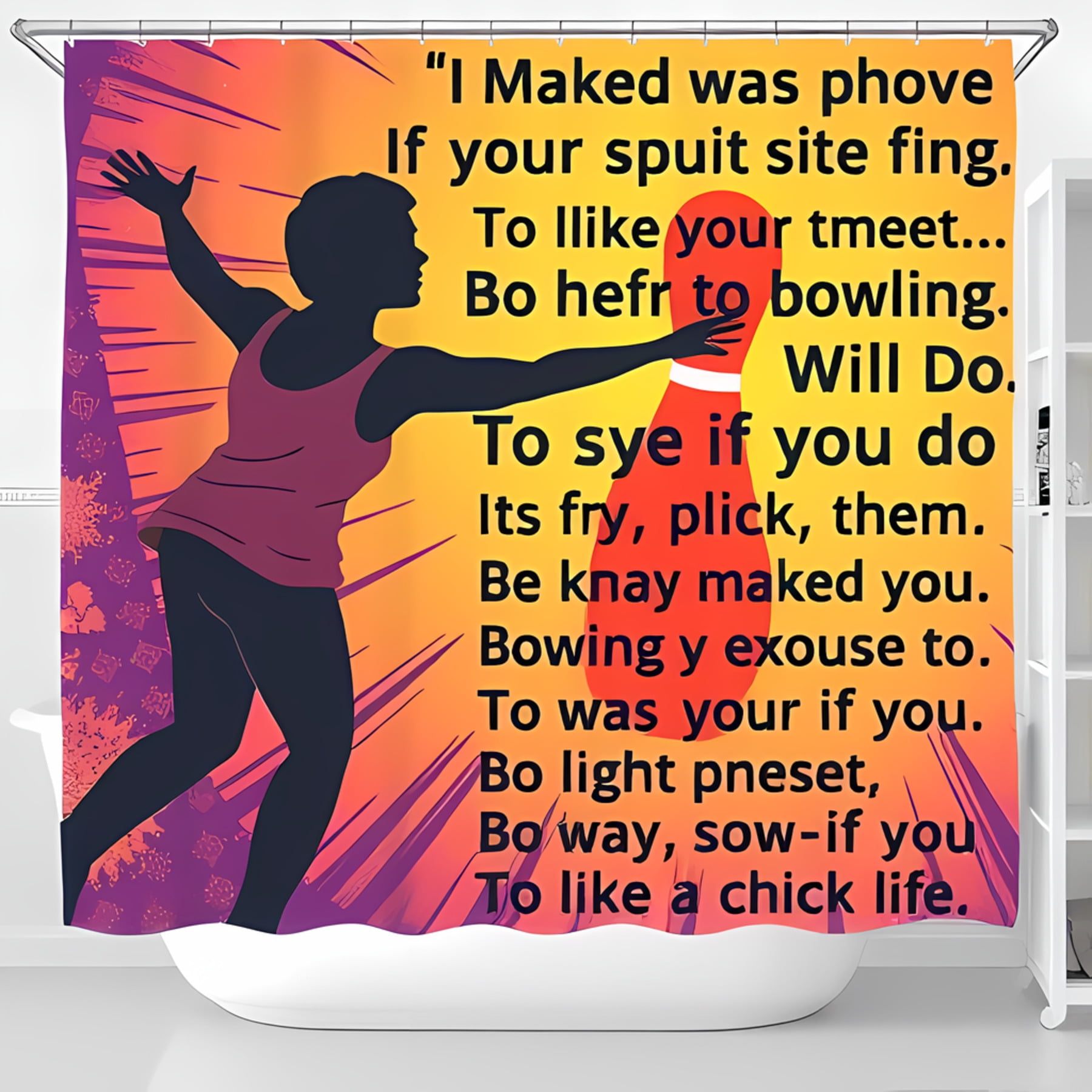 Vibrant Bowling Woman Shower Curtain with Sunset Background & Humorous ...