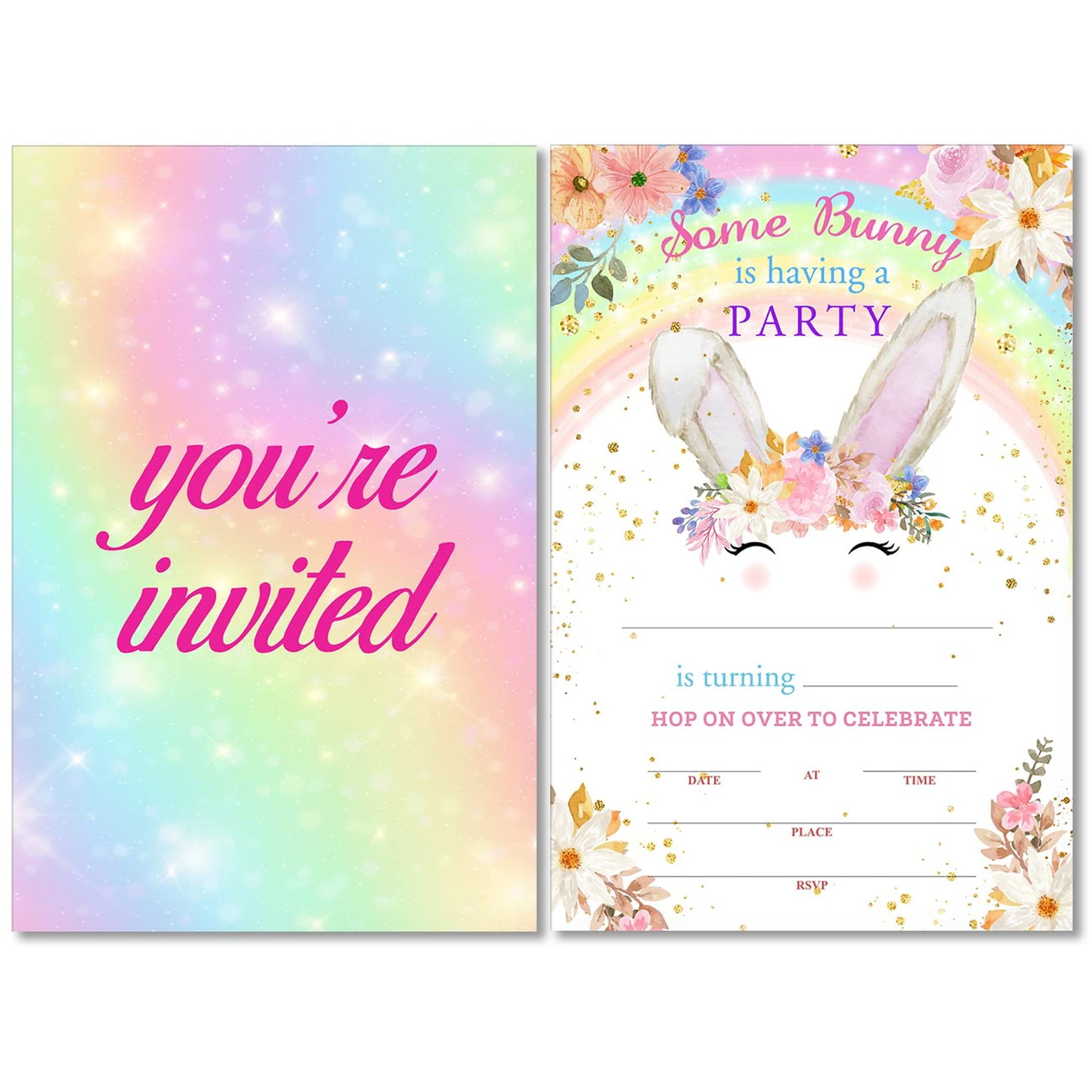 Vibrant Bunny Birthday Invitations Set of 20 with Envelopes for Floral ...