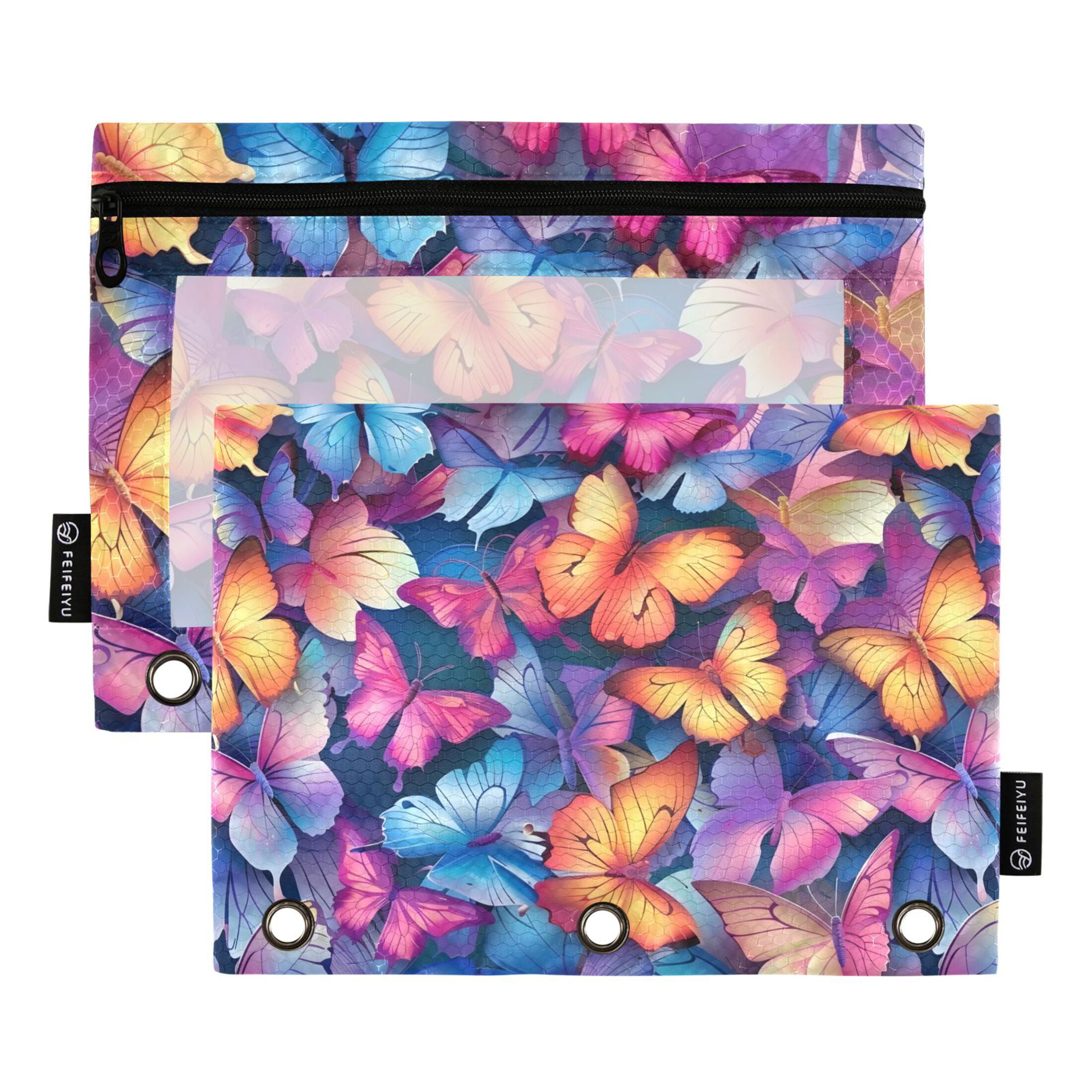 Vibrant Butterflies 2 Pack Pencil Pouch for 3 Ring Binder Smooth Zipper ...