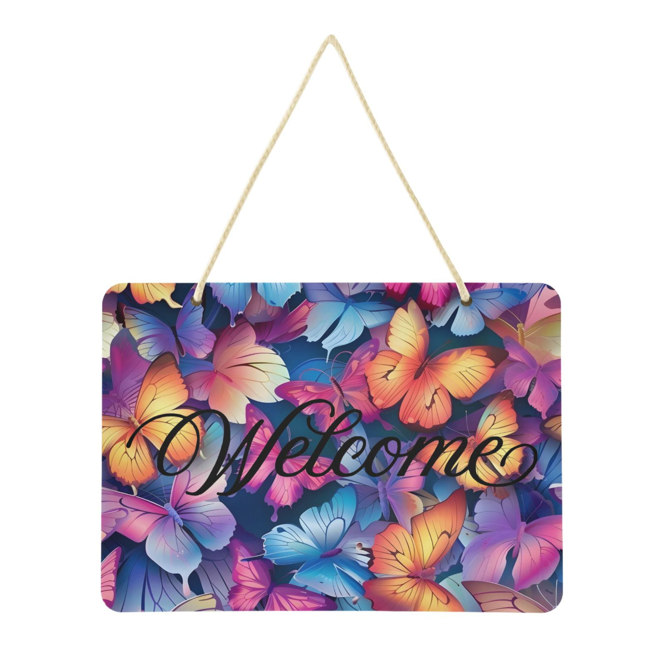 Vibrant Butterflies Welcome Sign Front Door PVC 14x10 inch Hanger Hello ...