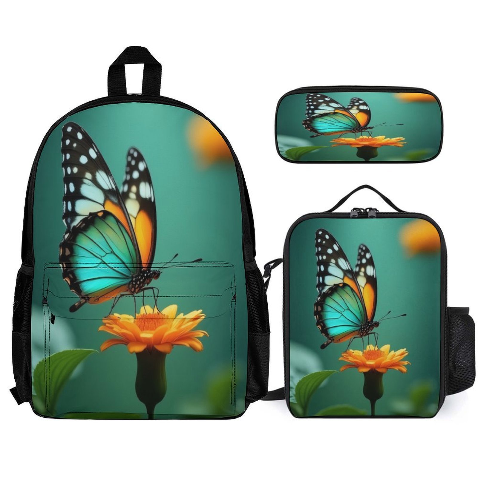 Vibrant Butterfly Floral Print(1)-2 Backpack 3 Pieces with Lunch Box ...