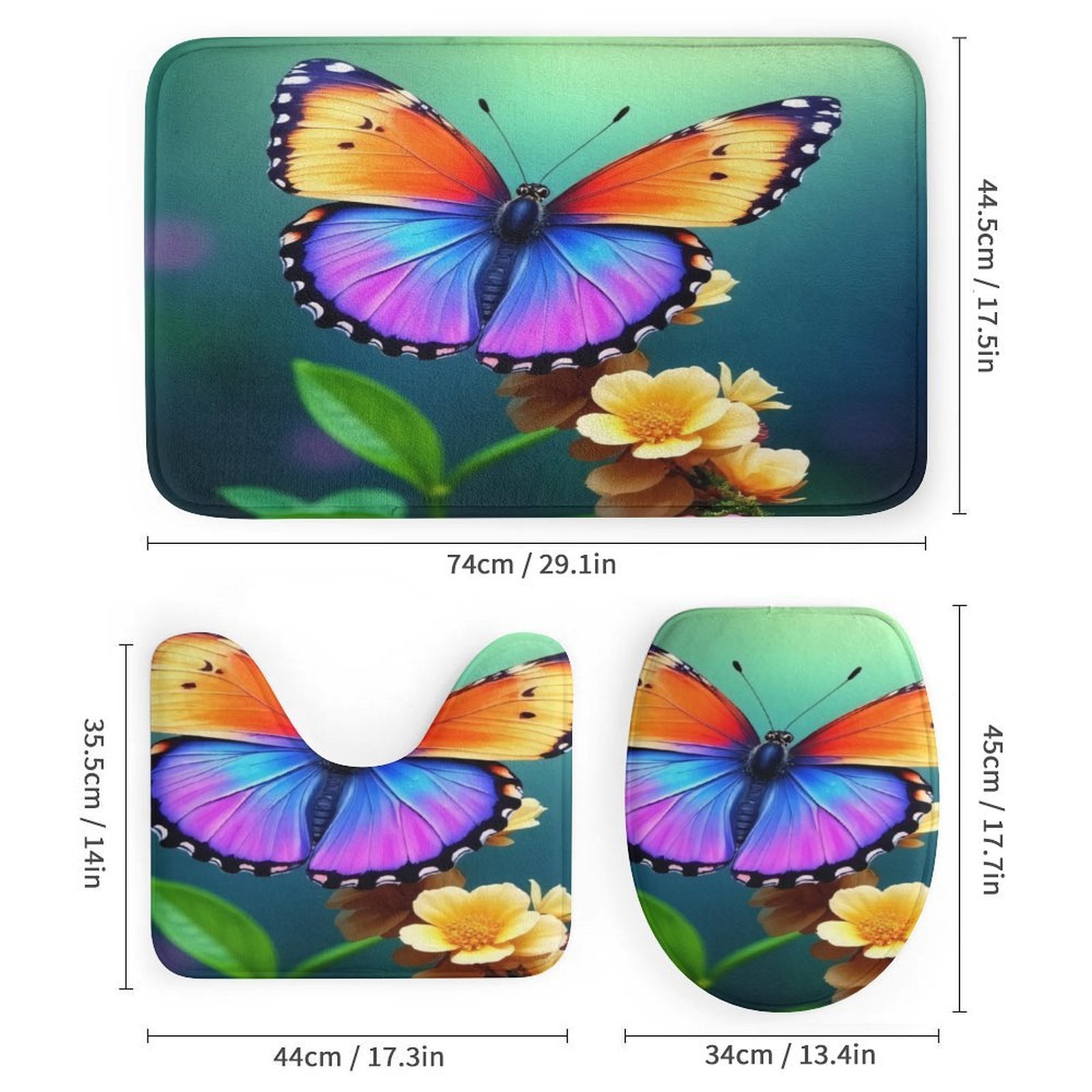 Vibrant Butterfly Floral Print(1)-3 Bathroom Rugs Sets 3 Piece Toilet ...