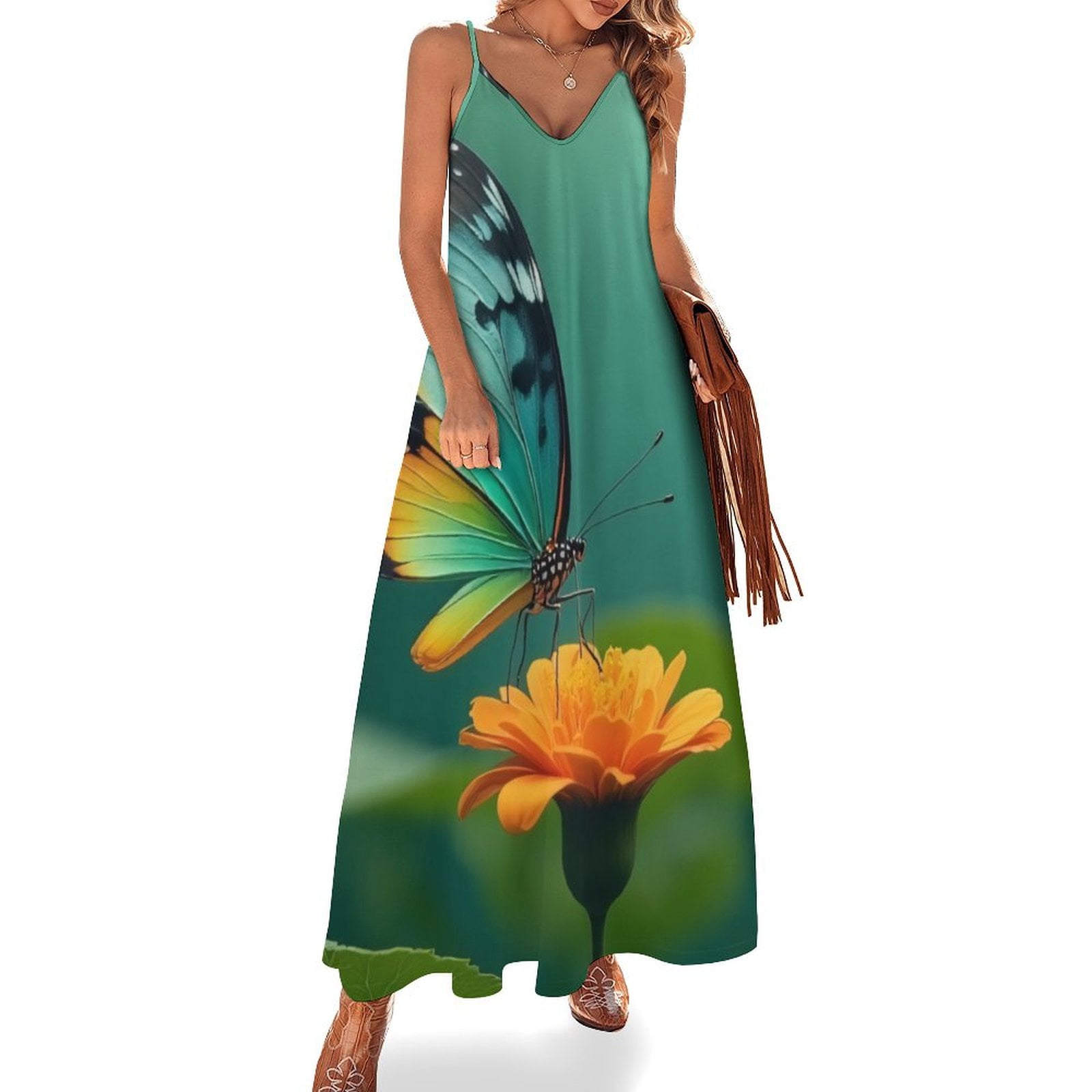 Vibrant Butterfly Floral Print(4)-1 Sleeveless Dress Women's Luxury ...
