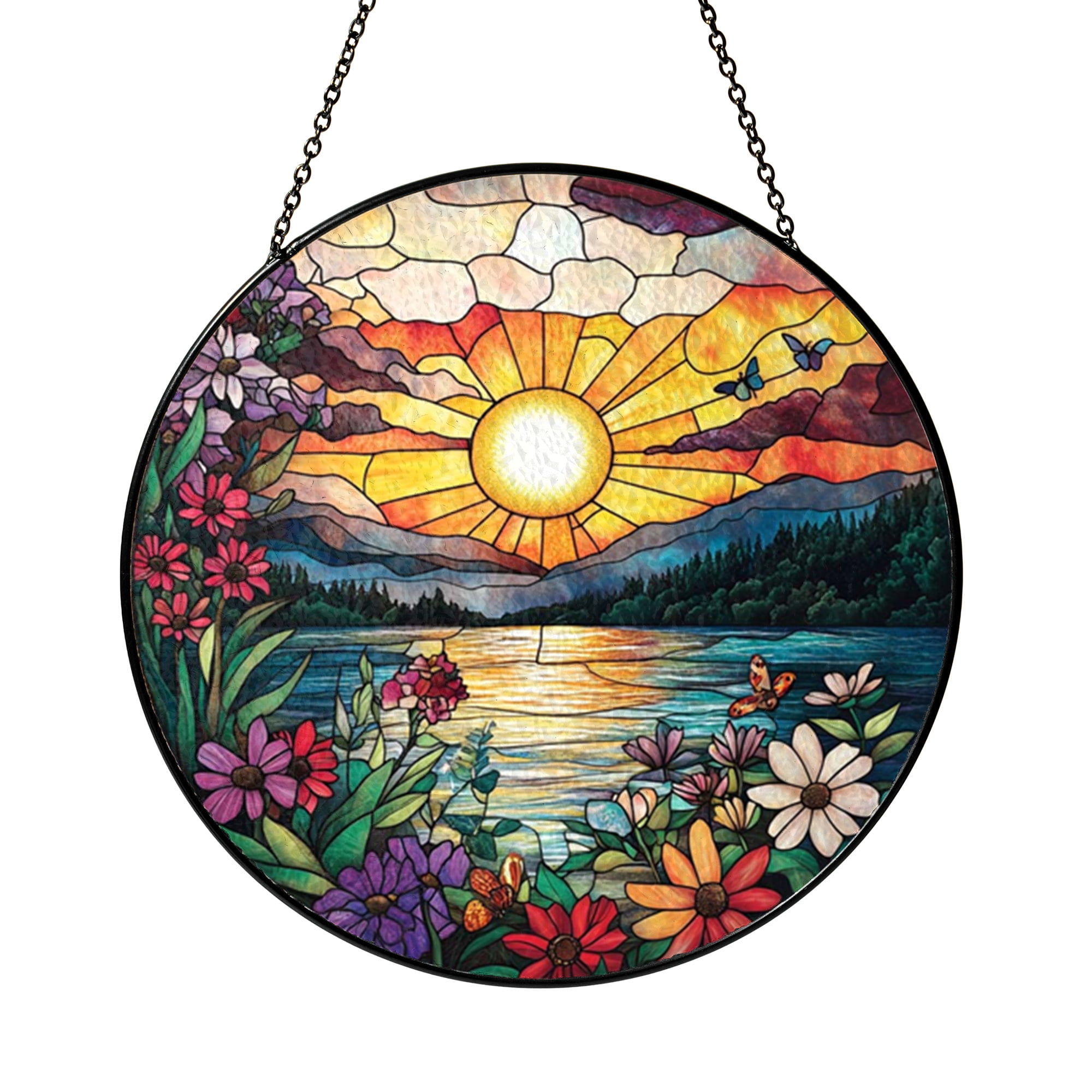 Vibrant Butterfly Floral Stained Glass Style Decorative Window Panel ...