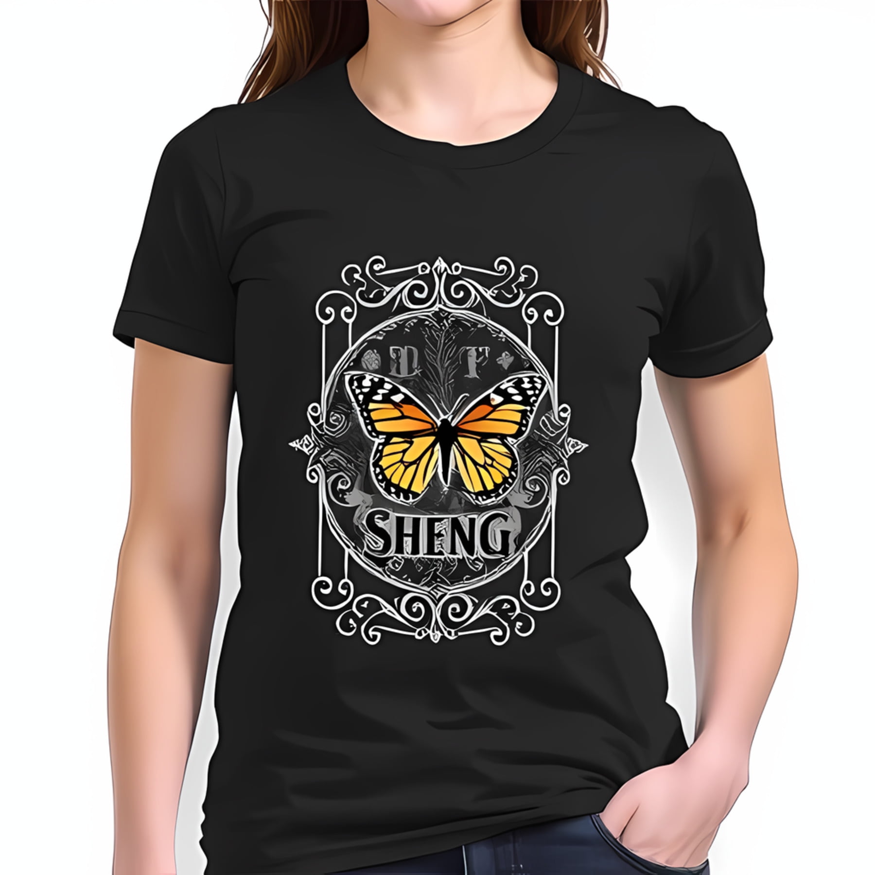 Vibrant Butterfly Graphic Cotton Short Sleeve T-Shirt with Ornate & Cursive 'SHENG' Design ...