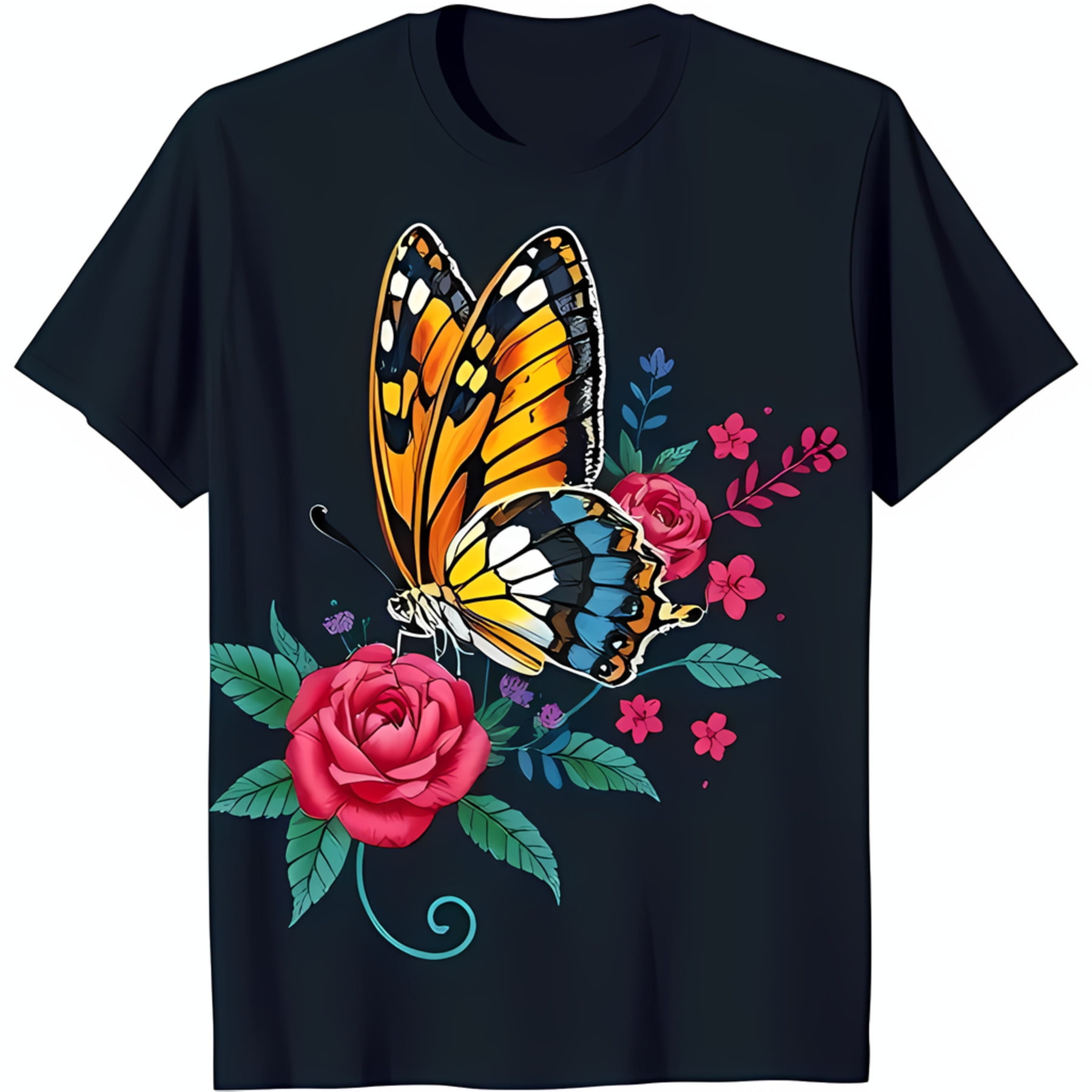 Vibrant Butterfly Graphic on Black T-Shirt Nature Inspired Chest Design ...