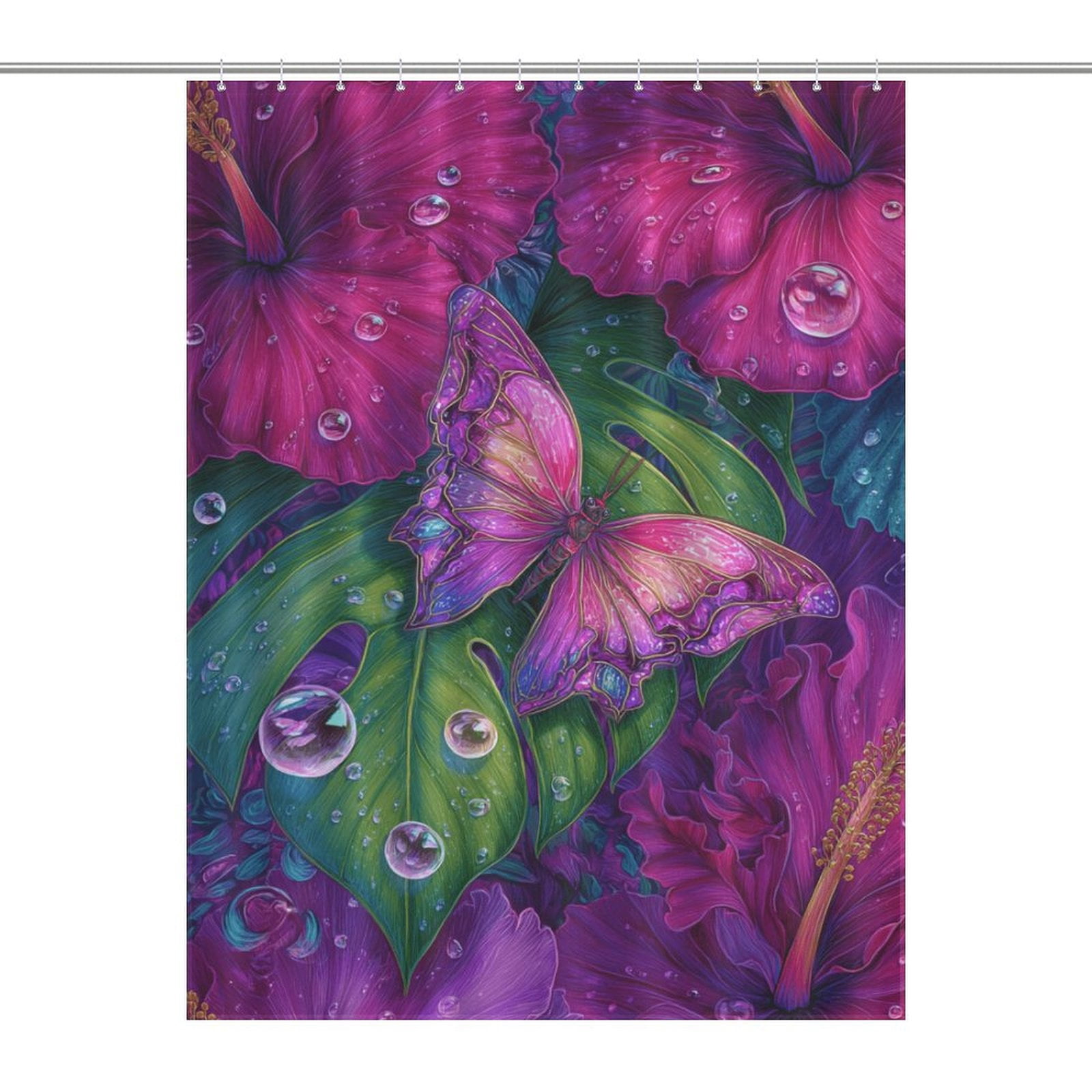 Vibrant Butterfly Hibiscus Lush Tropical Dew Cloth Fabric Bathroom ...