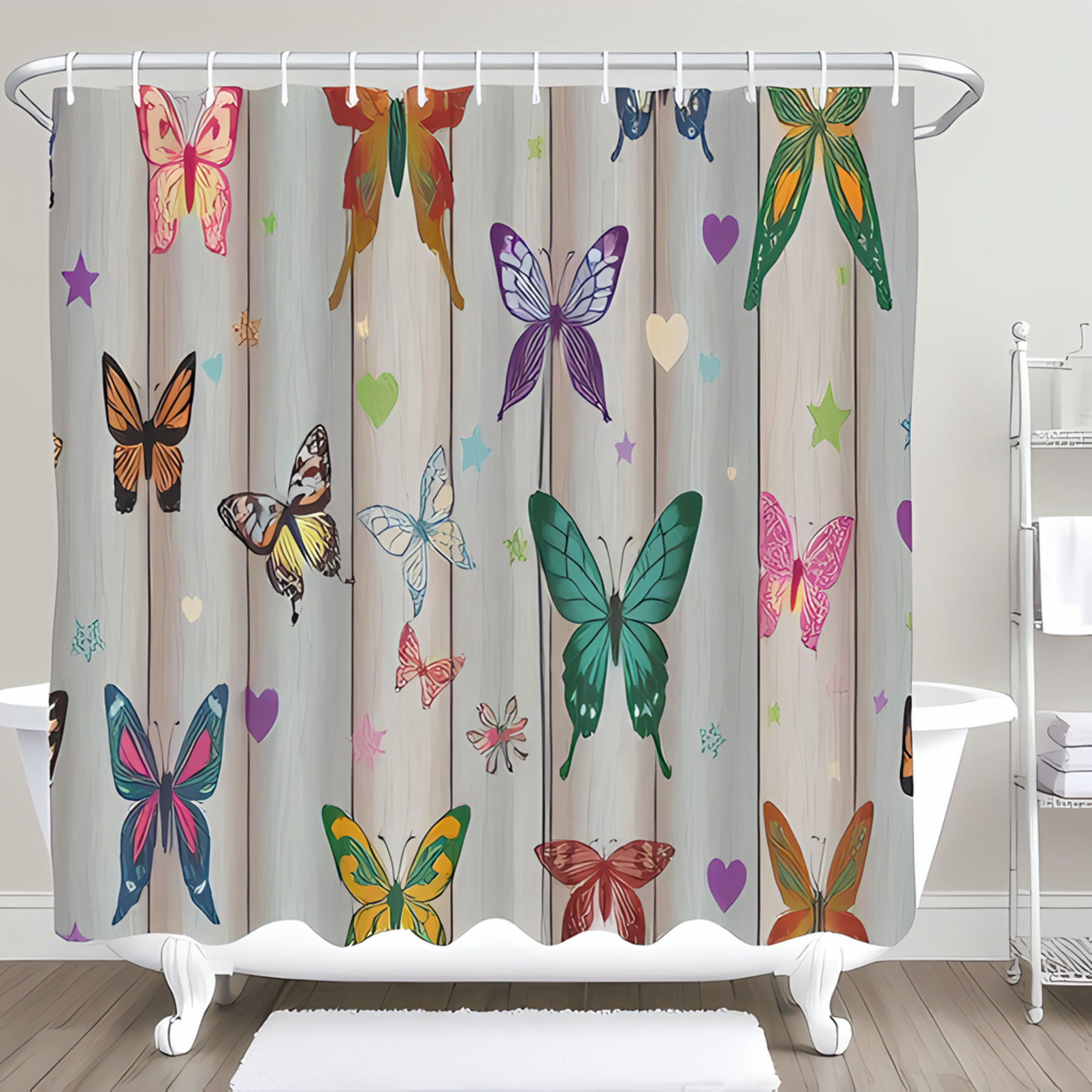 Vibrant Butterfly and Heart Shower Curtain - Colorful Design on Light ...