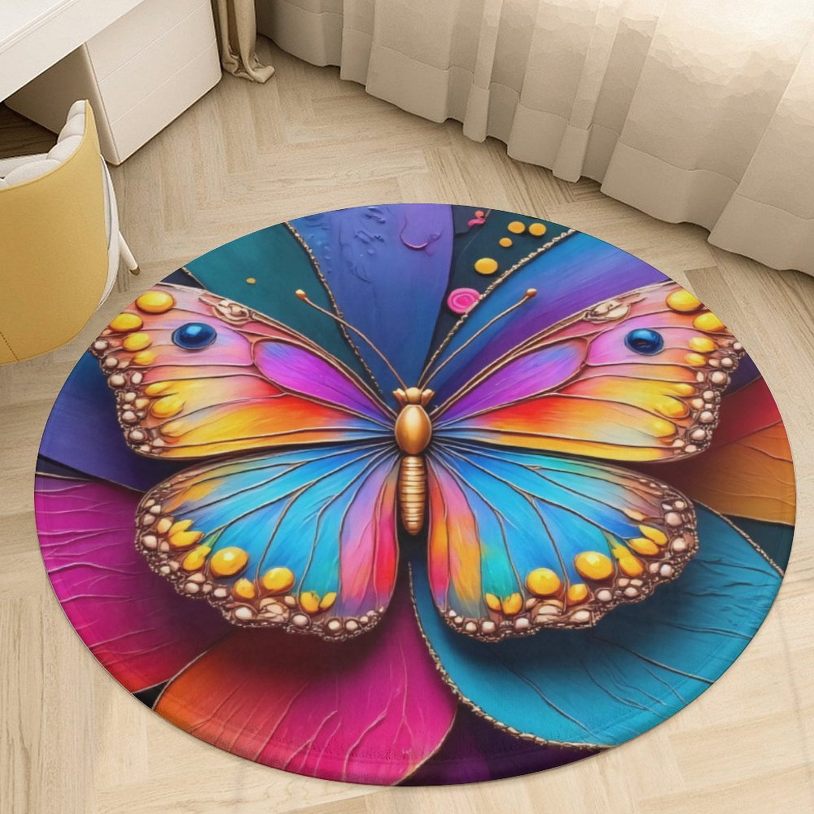 Vibrant Butterfly on Exotic Flower Round Area Rugs for Bedroom Living ...