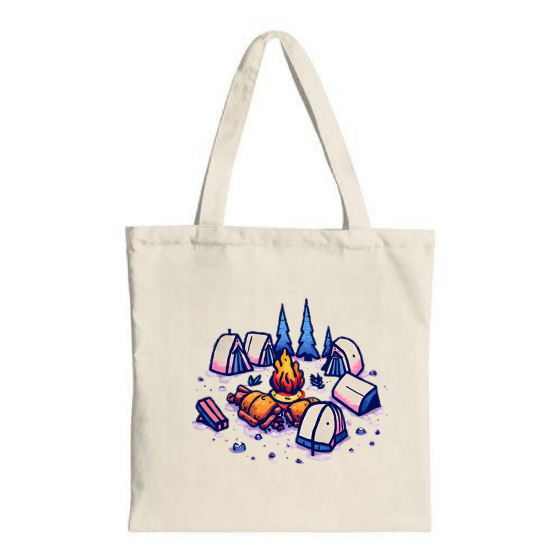 Vibrant Camping Scene Tote Bag - Colorful Campfire Tents & Pine Trees ...