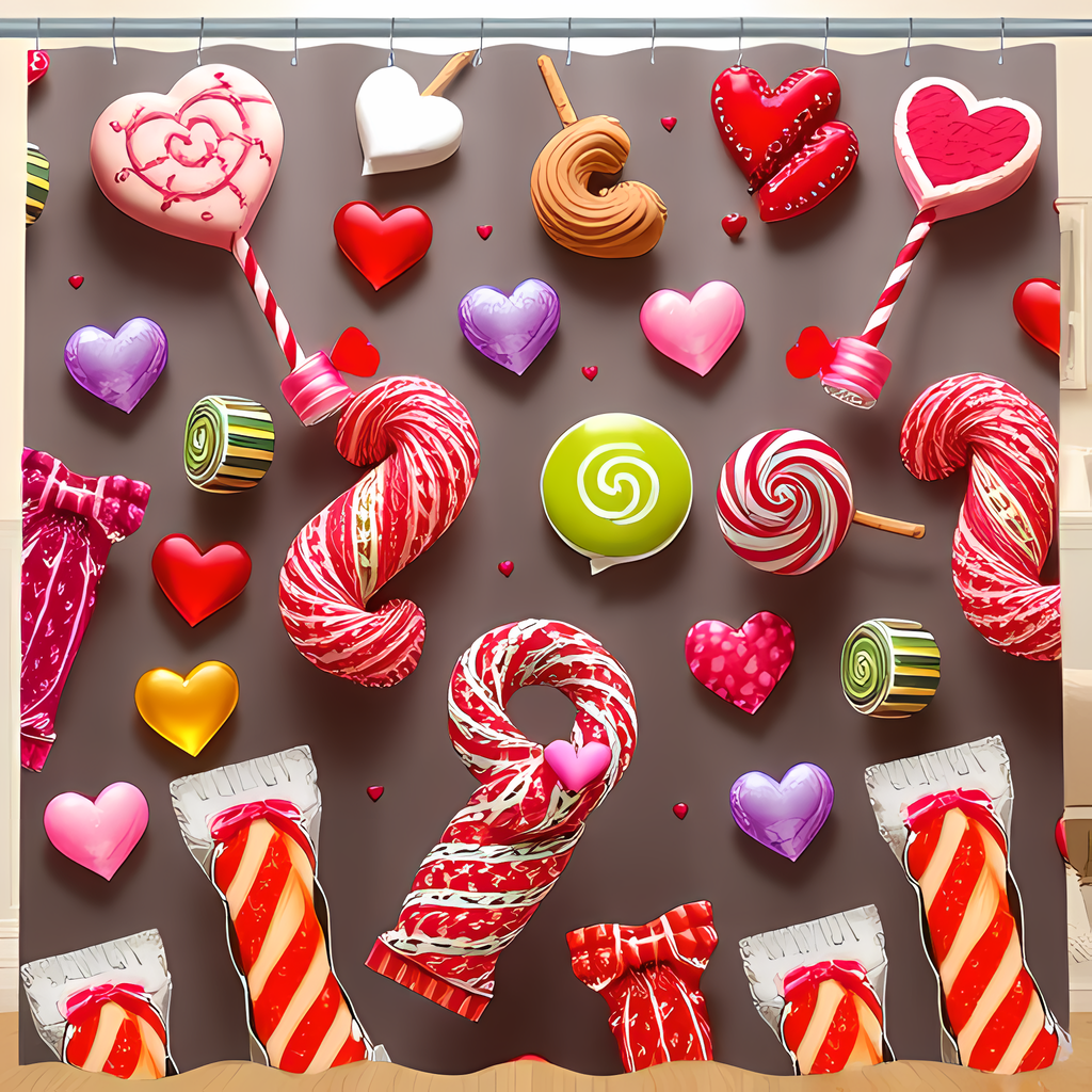 Vibrant Candy-Themed Shower Curtain with Hearts and Lollipops on Dark ...