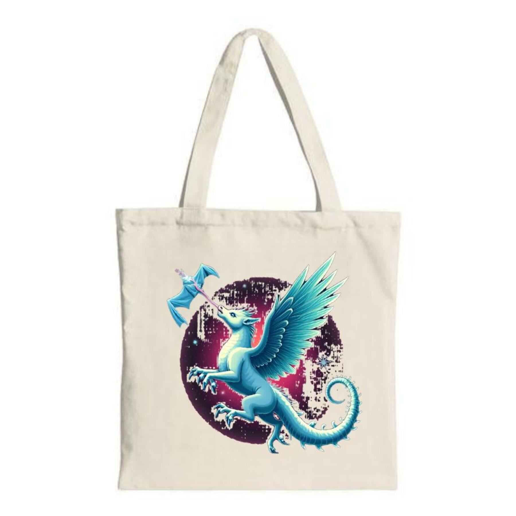 Vibrant Canvas Tote Bag - Magical Design with Winged Creature & Purple ...