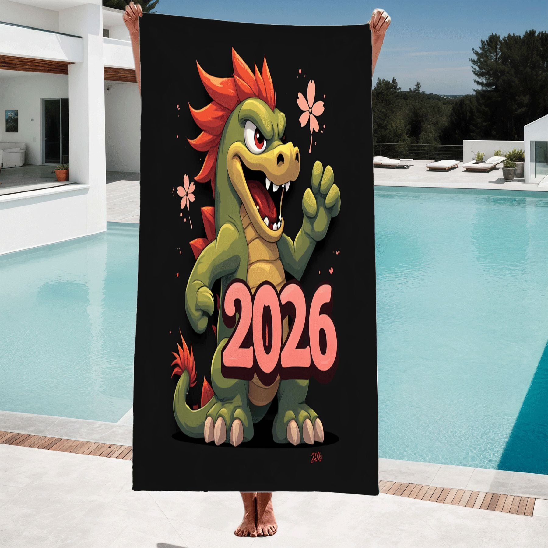 Vibrant Cartoon Beach Towel - Green Skin Orange Bold Pink ' 2026 ' Fun ...