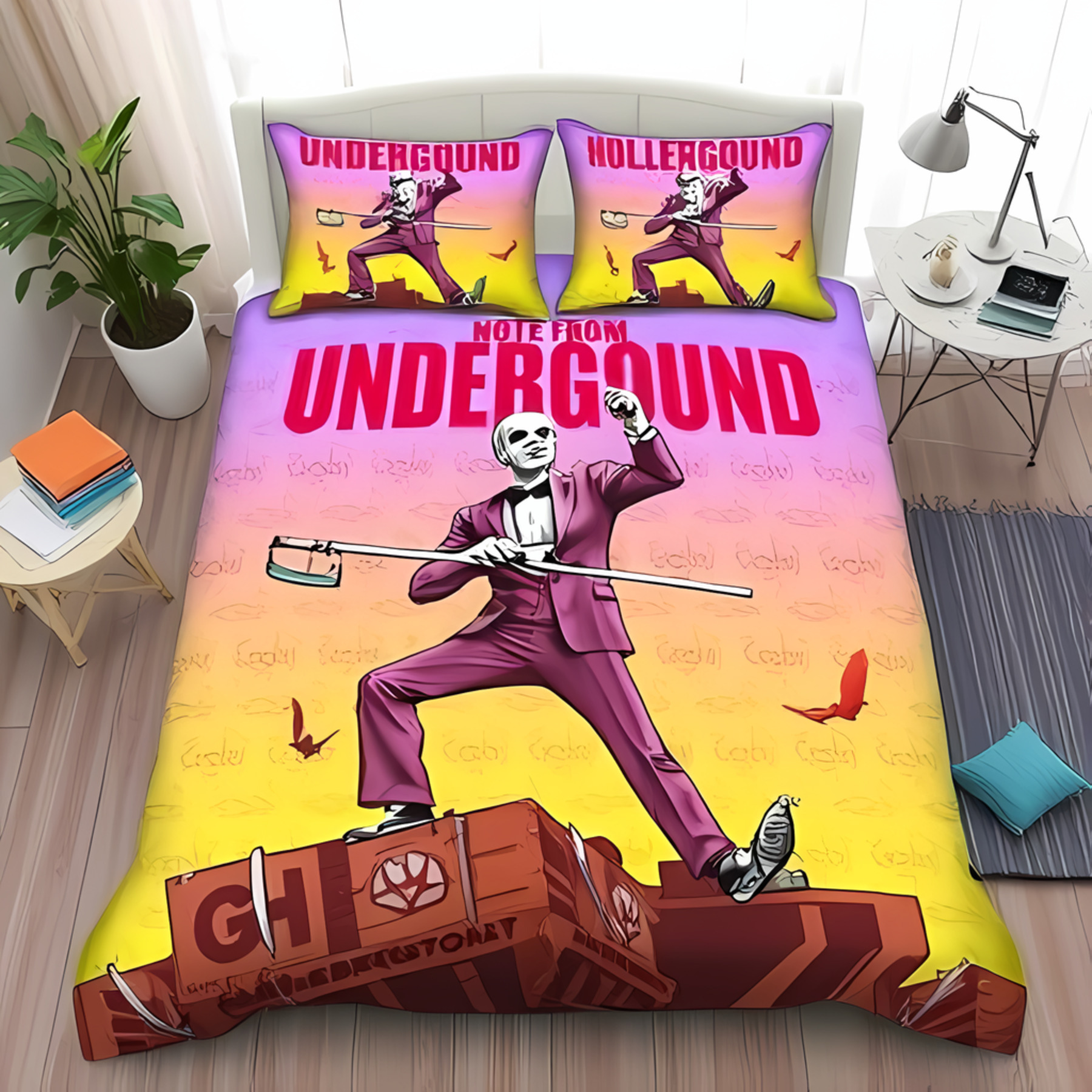 Vibrant Cartoon Bedding Set Purple Suit Action Figure Underground Theme ...