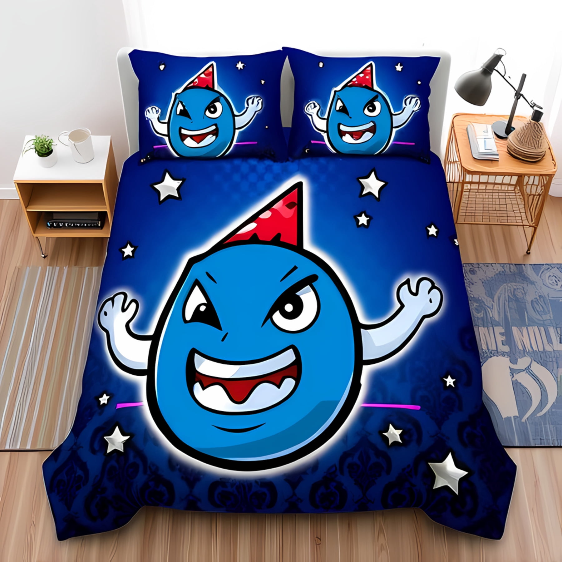 Vibrant Cartoon Bedding Set with Smiling Blue Creature & Party Hat ...