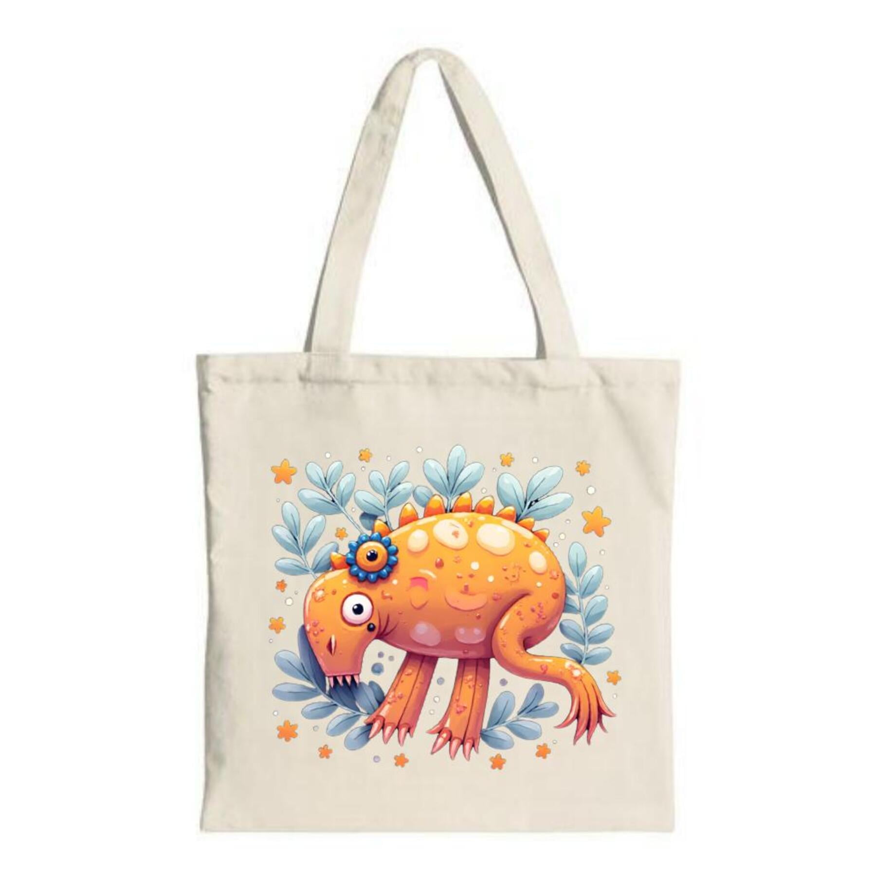 Vibrant Cartoon Canvas Tote Bag - Playful Design with Blue Leaves ...