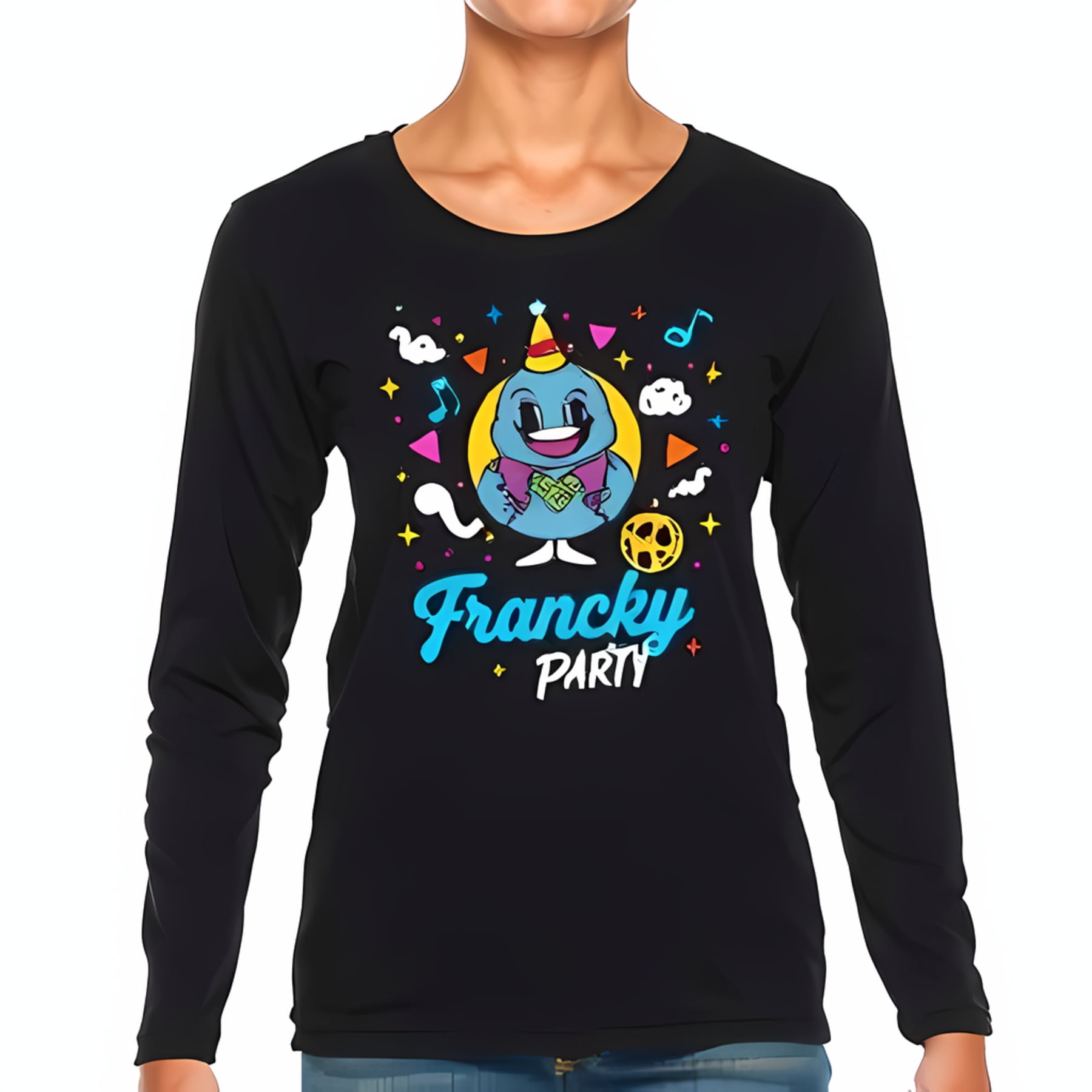 Vibrant Cartoon Character Long Sleeve T-Shirt - Blue Creature with ...