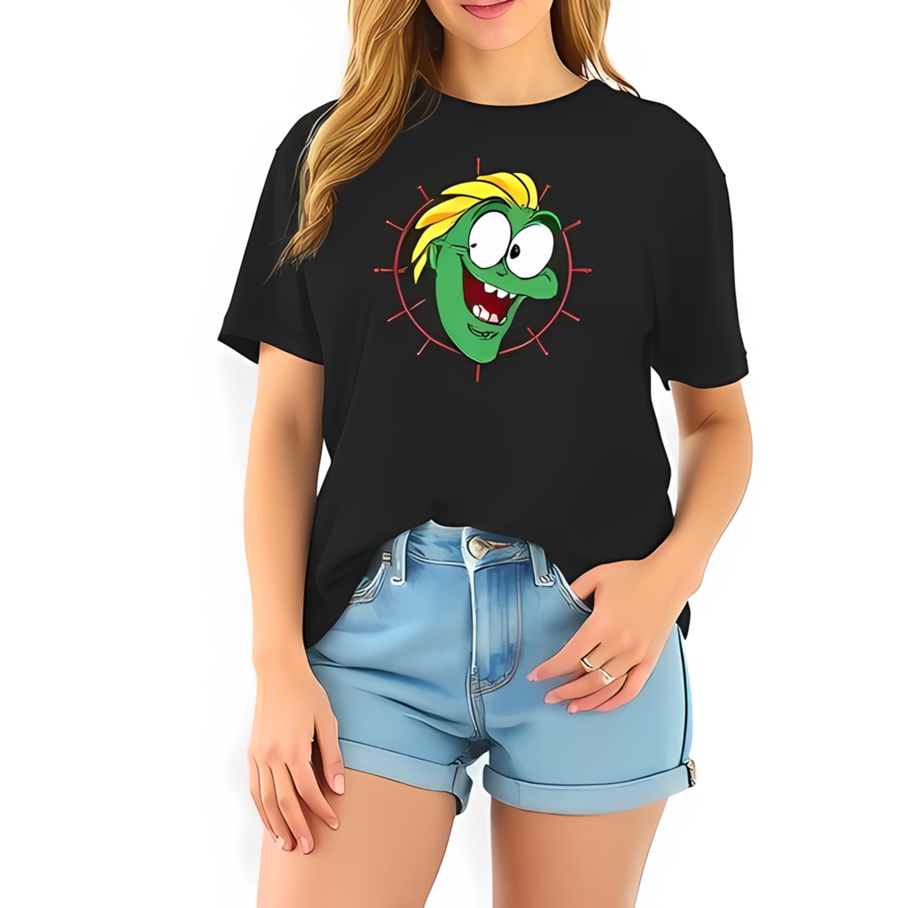Vibrant Cartoon Character Oversized Black Cotton T-Shirt with Geometric ...