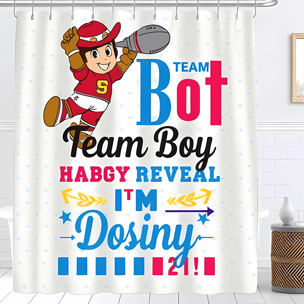 Vibrant Cartoon Character Shower Curtain - Team Boy Reveal Action Pose ...