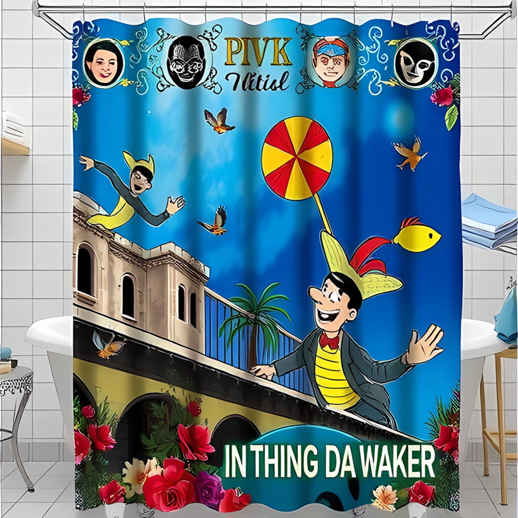 Vibrant Cartoon Character Shower Curtain with Colorful Trees Castle and ...