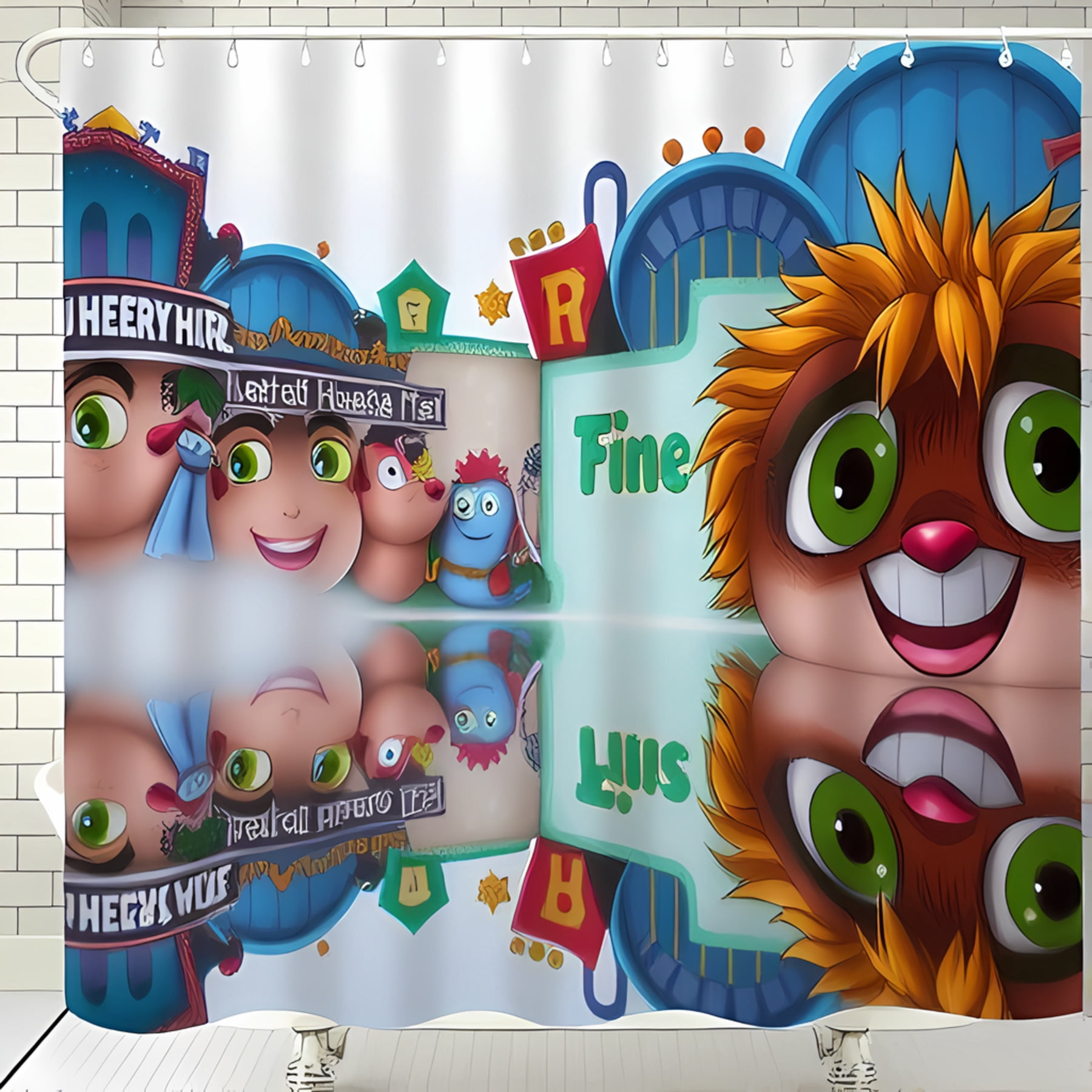 Vibrant Cartoon Character Shower Curtain with Whimsical Background ...