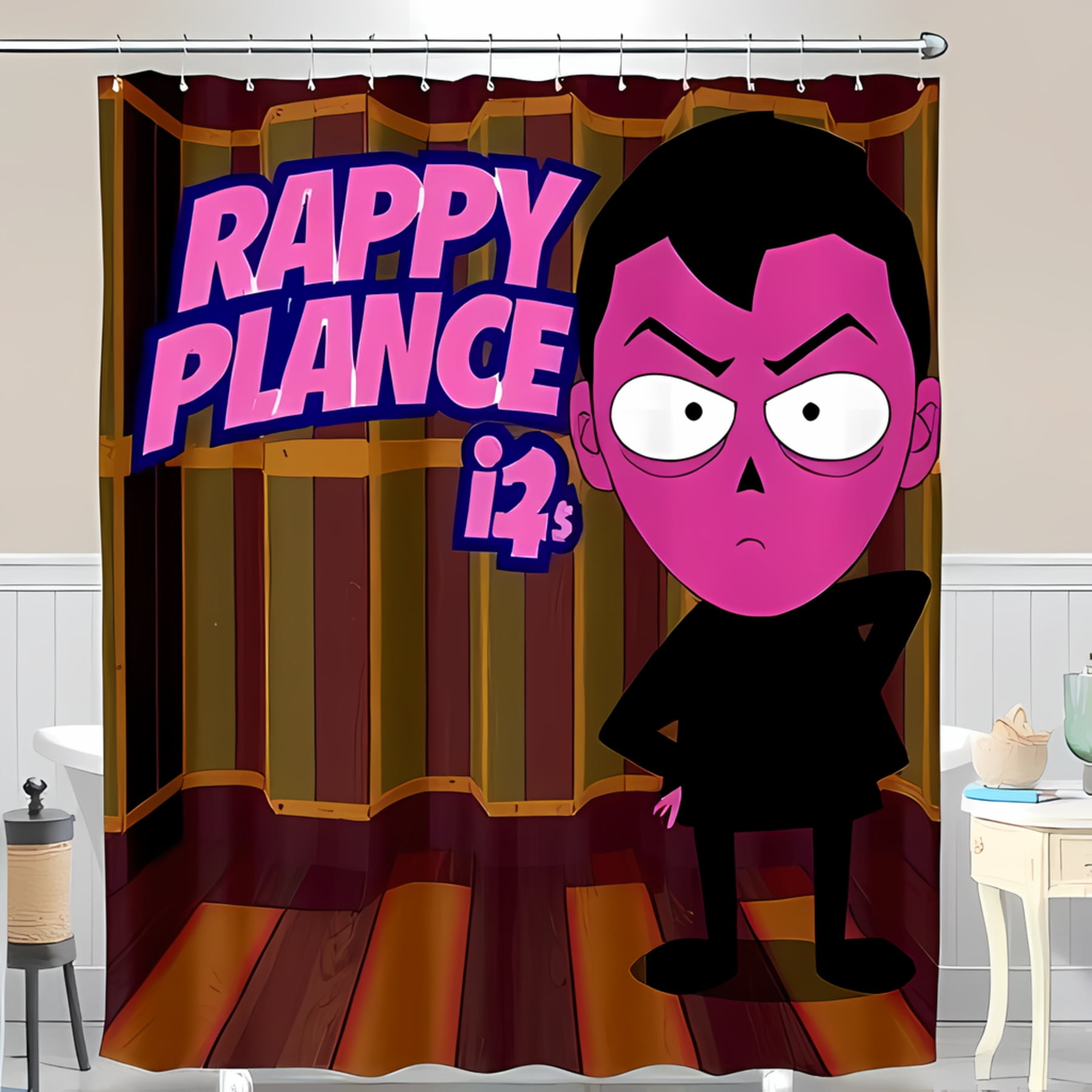 Vibrant Cartoon Character Shower Curtain with Wooden Plank Background ...