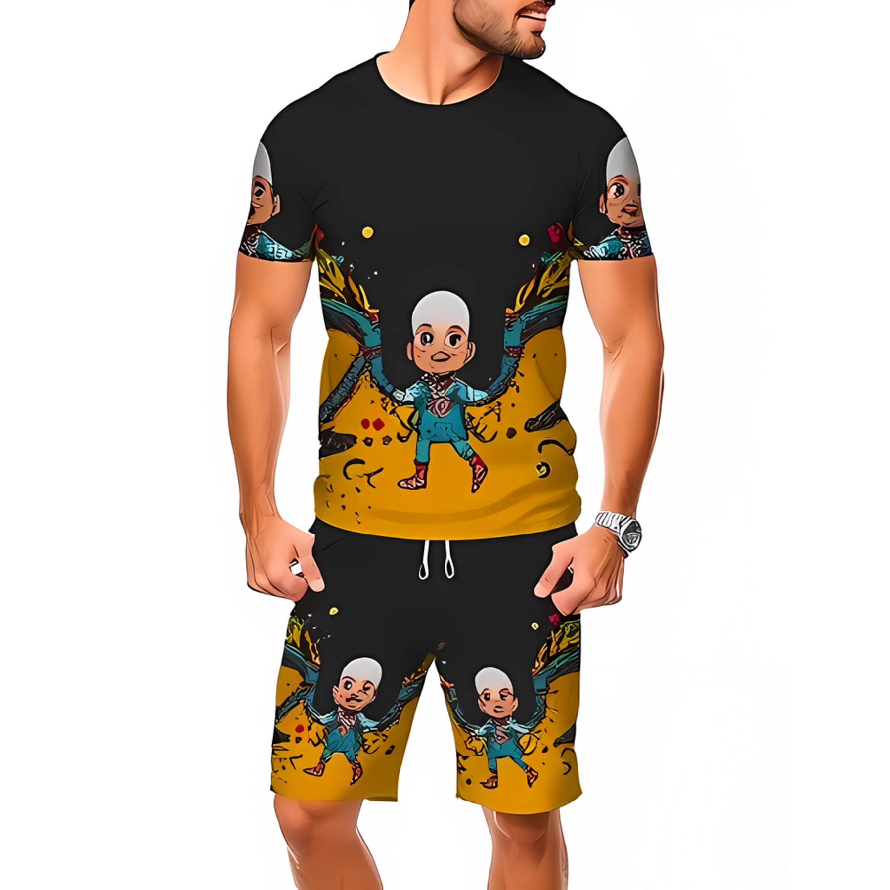 Vibrant Cartoon Character T-Shirt & Shorts Set for Men - Bold Teal ...