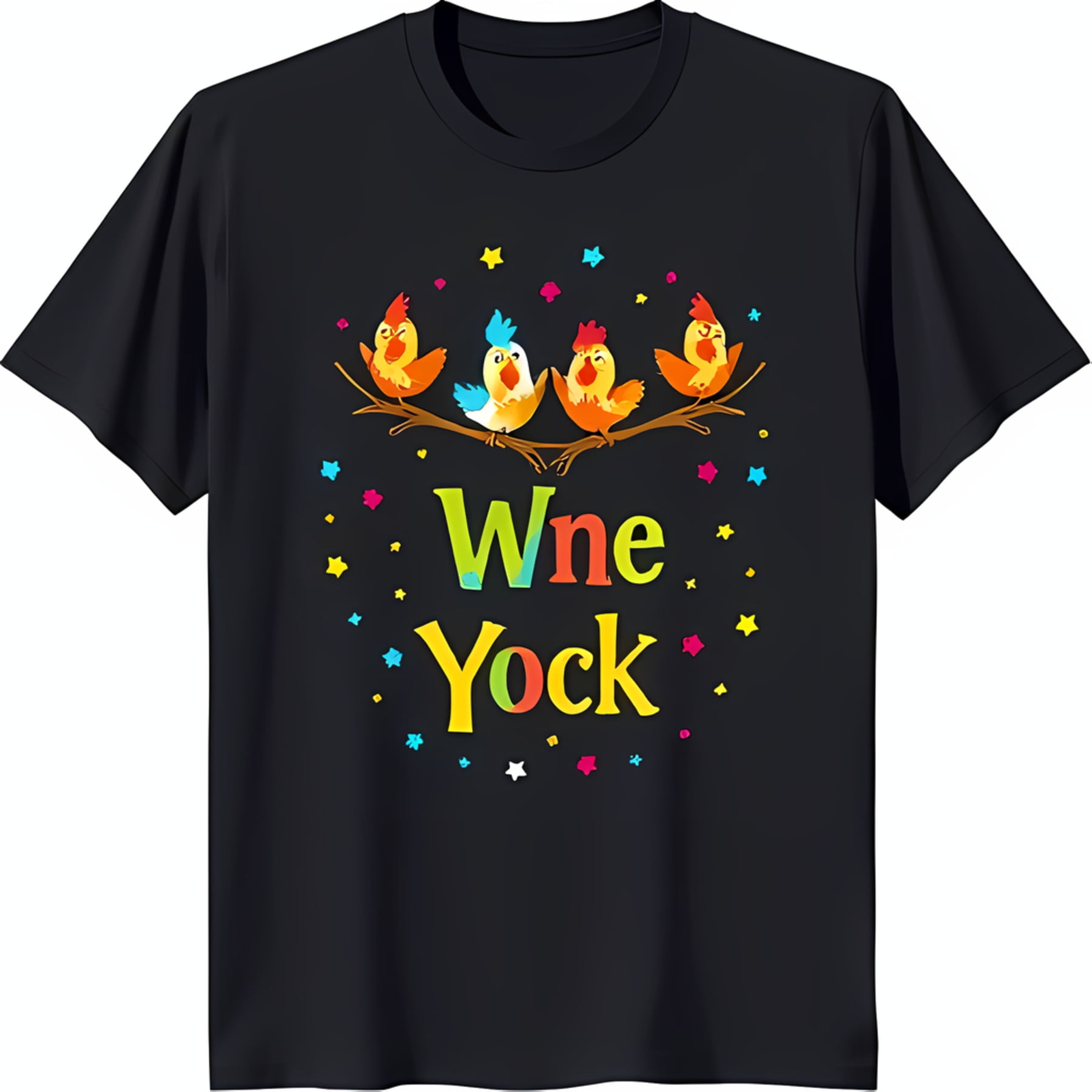 Vibrant Cartoon Chickens on Branch Black T-Shirt Fun 'Wne Yock' Design ...