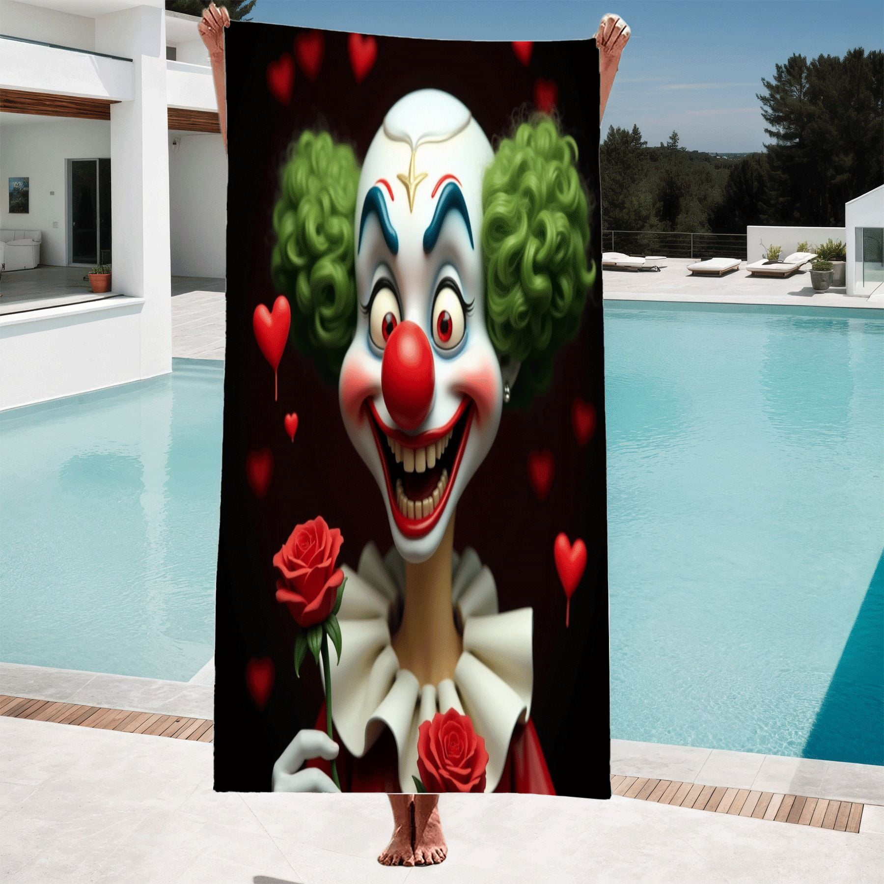 Vibrant Cartoon Clown Beach Towel - Fun Design with Hearts & Roses ...