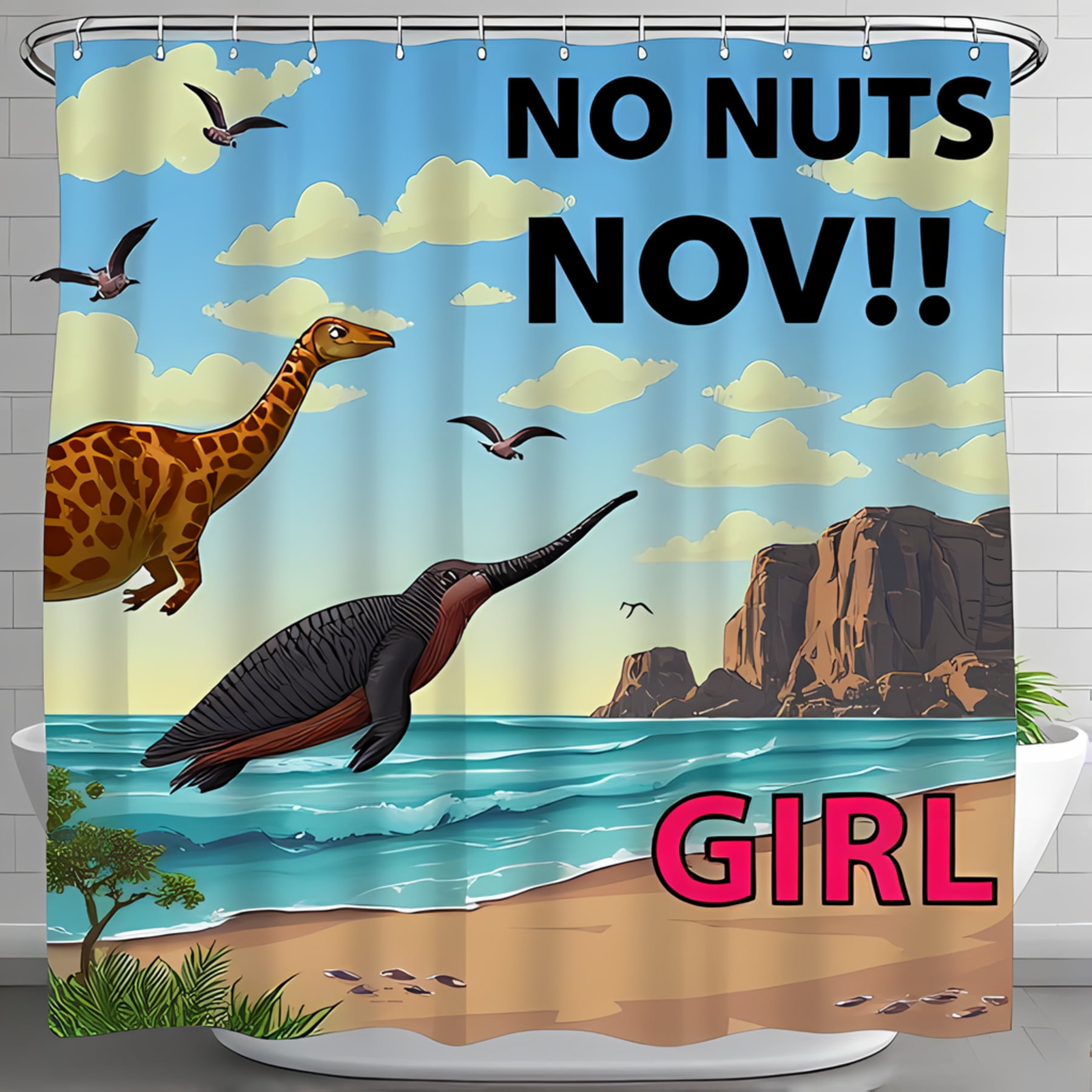 Vibrant Cartoon & Creature Shower Curtain with Beach Scene & Playful ...