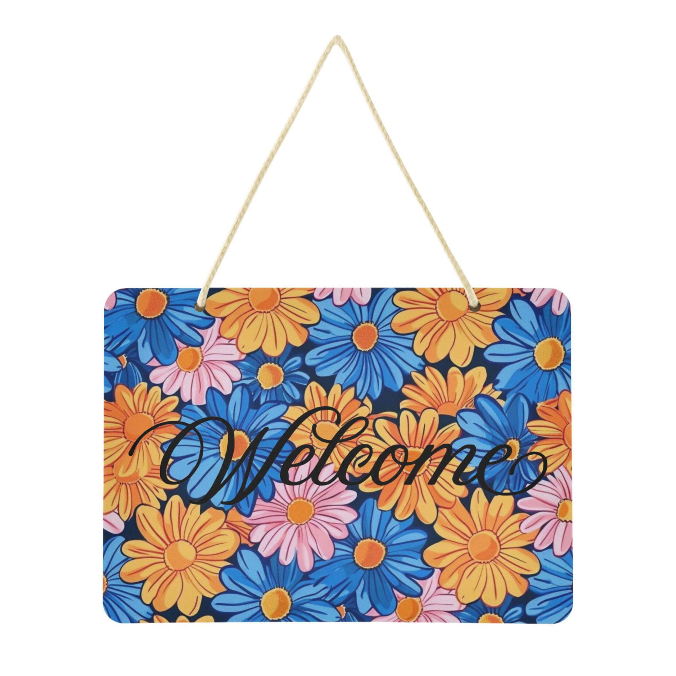 Vibrant Cartoon Daisies Welcome Sign Front Door PVC 14x10 inch Hanger ...