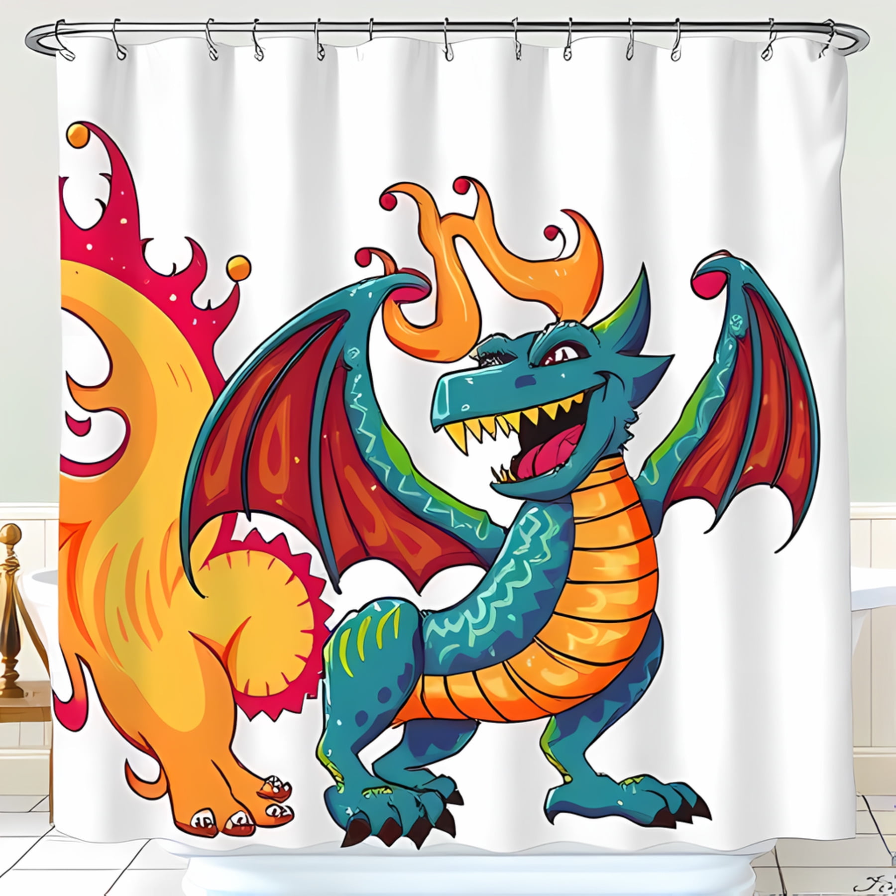 Vibrant Cartoon Dragon Shower Curtain - Blue Scales Orange Accents Expressive Eyes & Fiery Tail ...