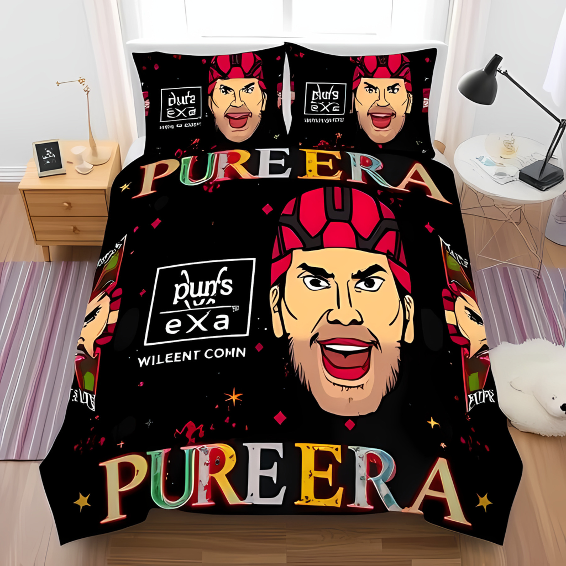Vibrant Cartoon Duvet Cover Set Colorful Man with Head Wrap & "PURE ...