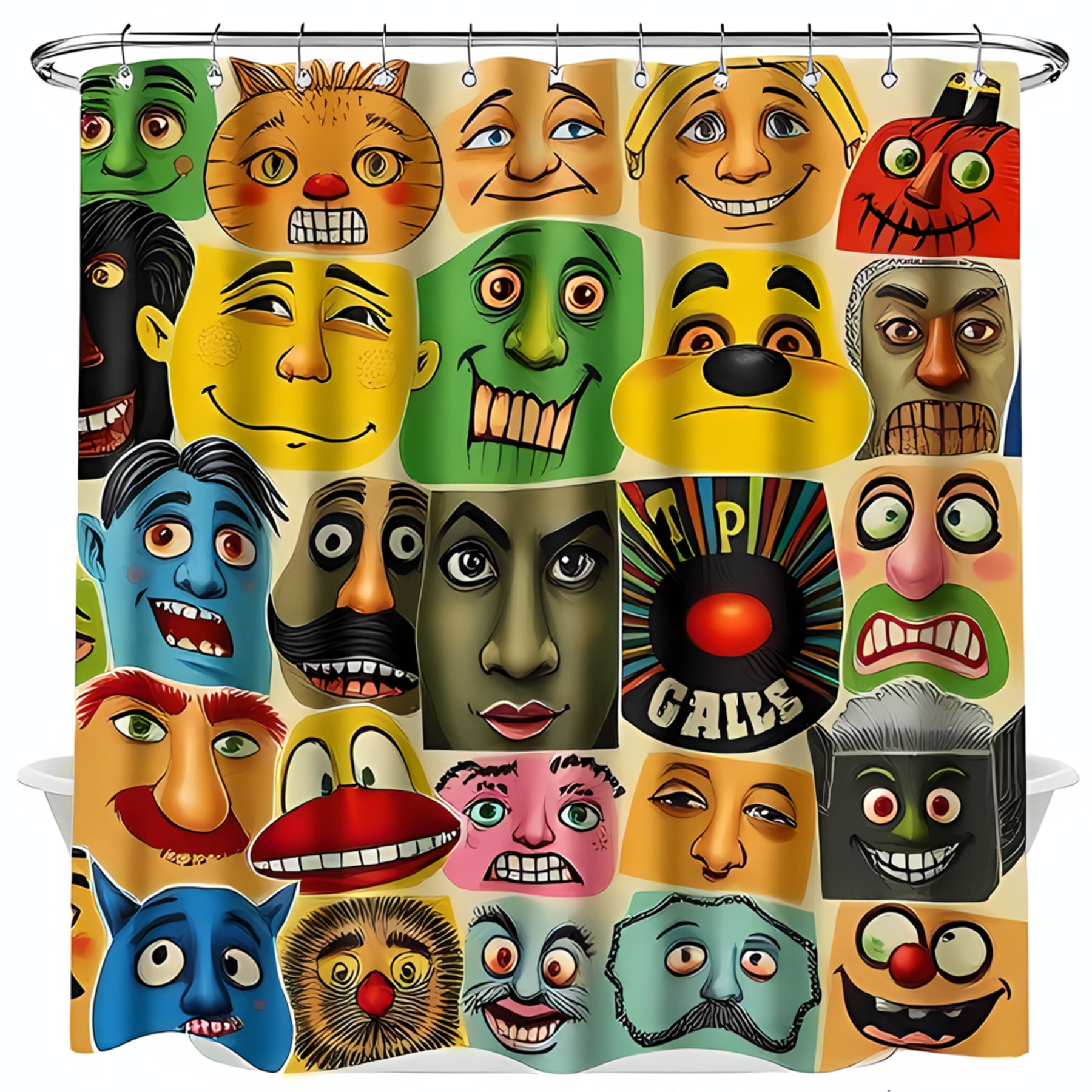Vibrant Cartoon Faces Shower Curtain - Playful Design with Diverse ...
